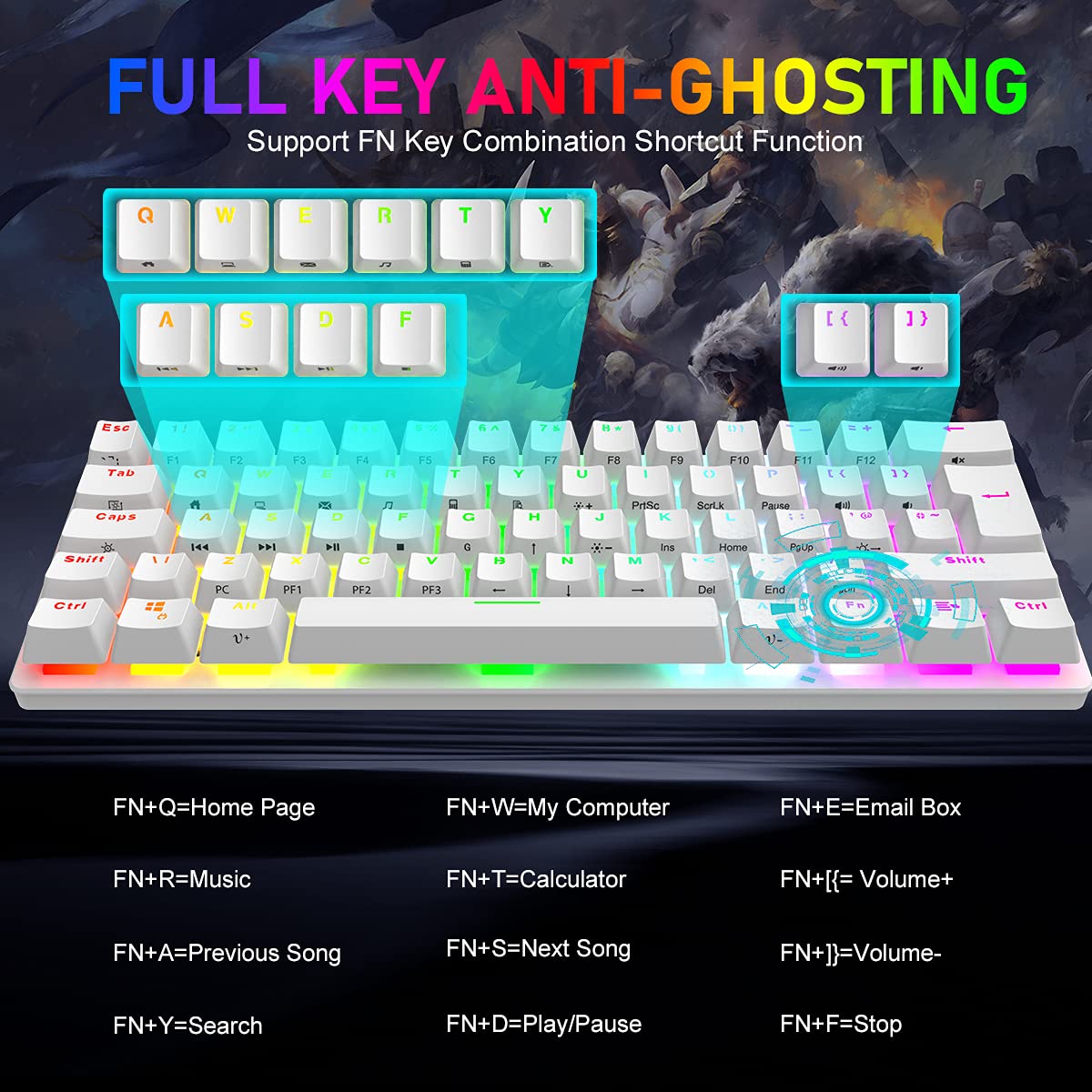 Compact 60% Mechanical Gaming Keyboard with Ergonomic Anti-ghosting Mini 61 Key Layout Rainbow RGB Backlight Waterproof Metal Plate Type-C USB Wired for PC Mac Gamer Office Typist (White/Red Switch)