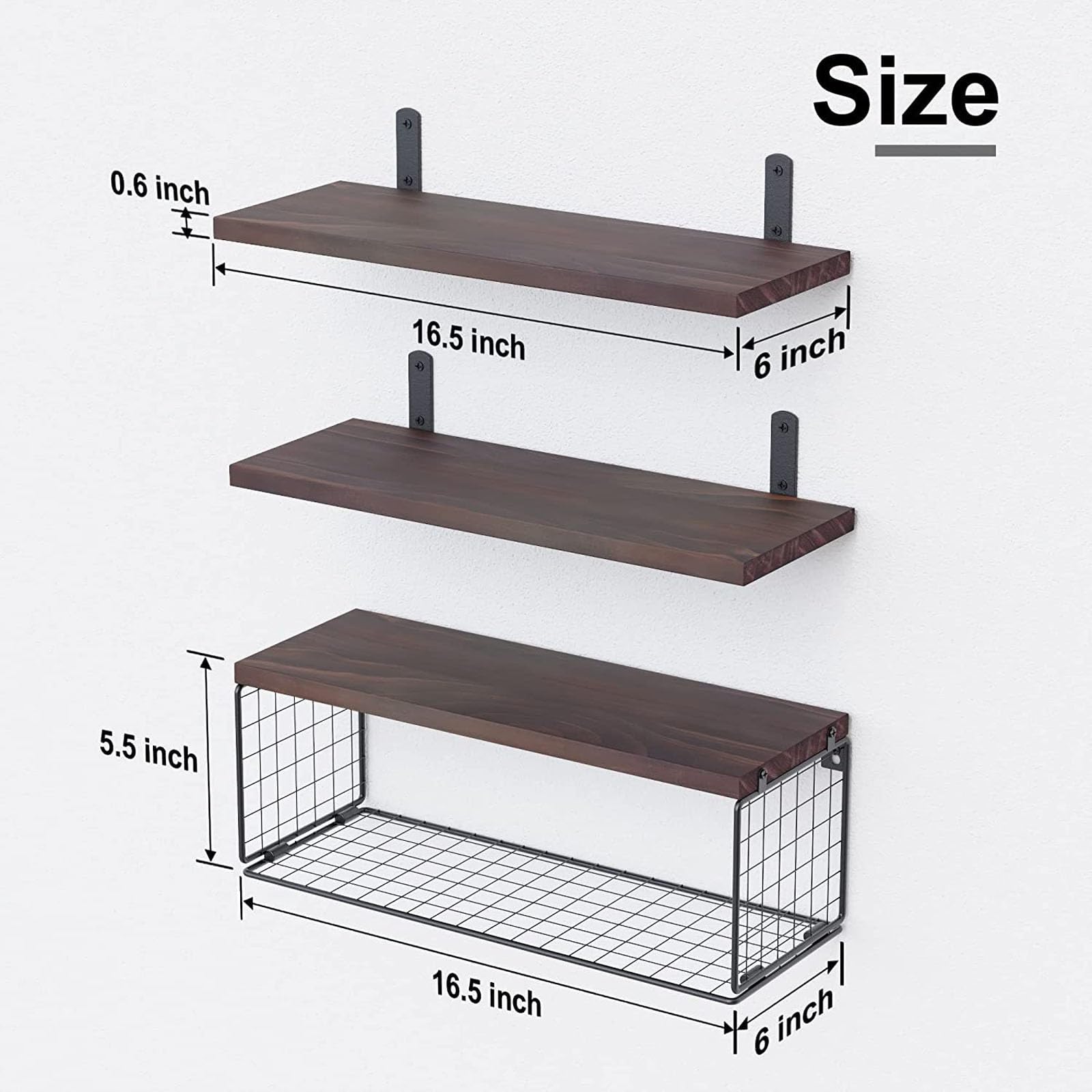 XHGUKC Towel Racks for Bathroom Wall Mounted,3PCS Floating Shelves with Storage Basket, Bathroom Organizers, Wall Mounted Rustic Wood Shelves for Bathroom, Bedroom, Living Room, Kitchen(Dark Brown)