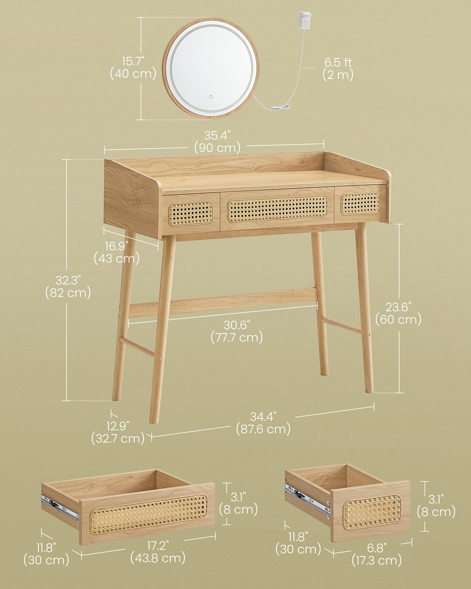 SONGMICS HOME BOHOVEN Collection - Vanity Desk with Mirror and Lights, Makeup Vanity with 3 Rattan-Like Drawers, Touch Control Light with 3 Color Hues, Dimmable, Boho Style, for Bedroom, Oak Beige