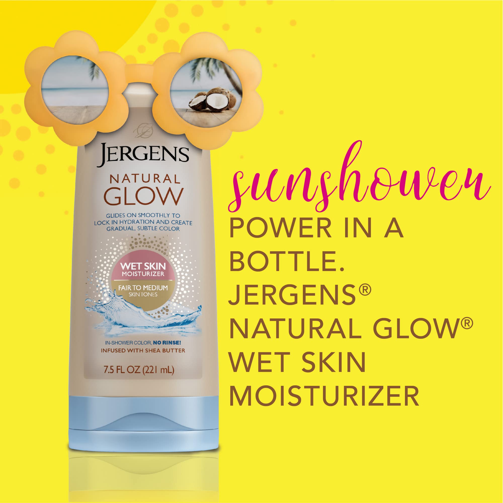 Jergens Natural Glow In-shower Lotion, Self Tanner for Medium to Deep Skin Tone, Wet Skin Lotion, Sunless Tanner Locks in Hydration for Gradual, Flawless Color, 7.5 Ounce (Pack of 2)