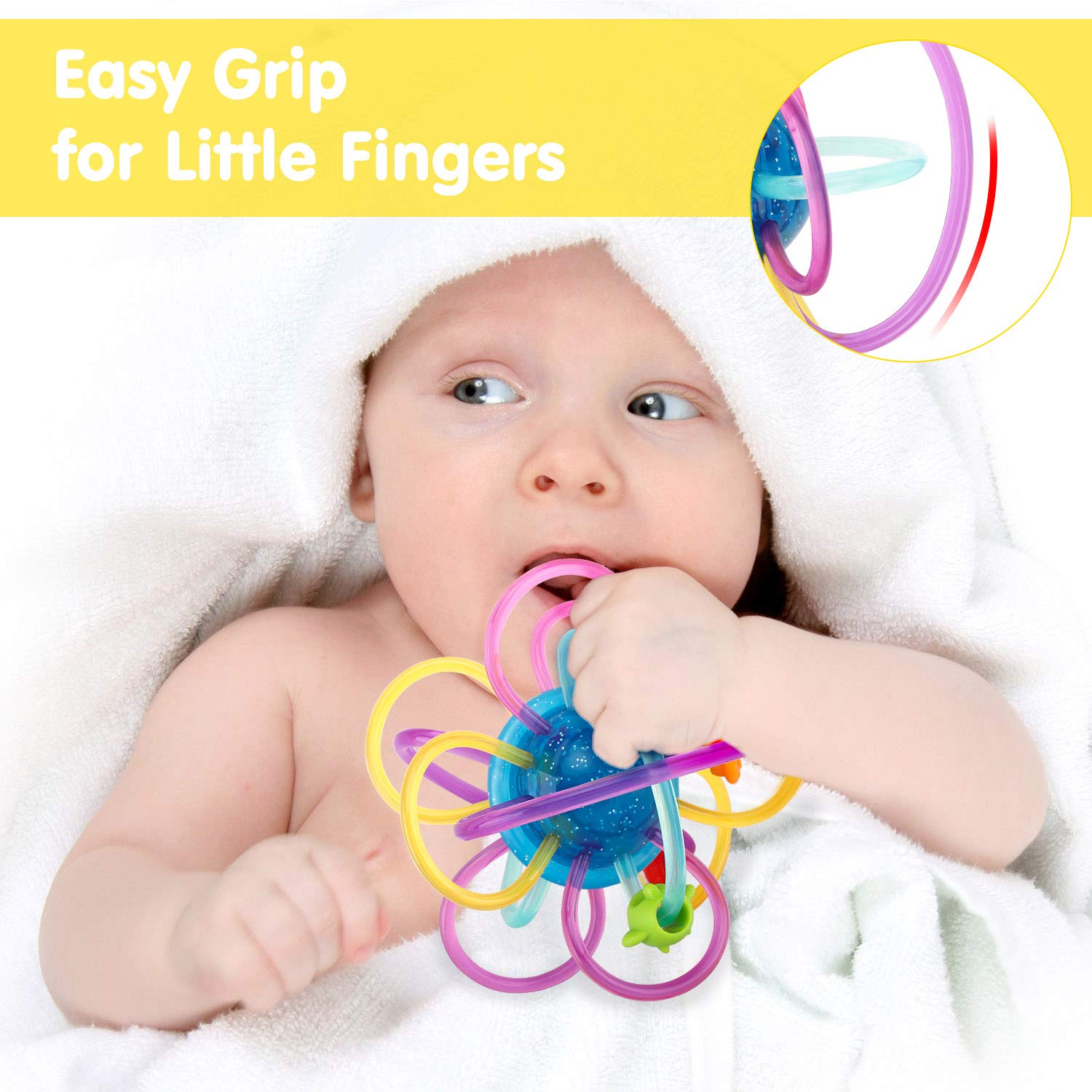 Zooawa Baby Teether, Soft Rattle and Sensory Ball Teething Toy for Pain Relief, BPA-Free Teether Ball Rattle Toy for Infants and Toddlers All Ages, Easy to Hold, Translucent
