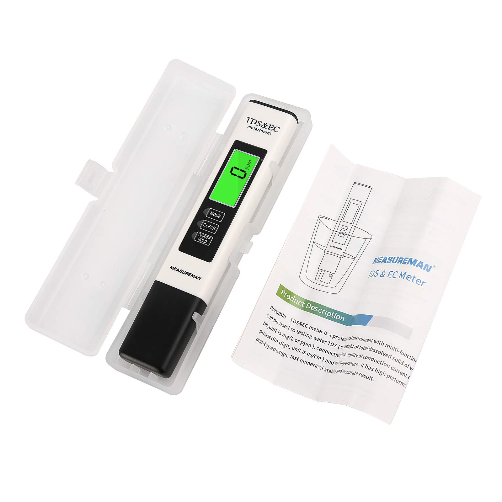 MEASUREMAN 0-9999ppm, 0-9999”s/cm TDS Meter, EC Meter & Temperature Meter 3 in 1, 32.0-176.0°F Green Backlight ppm for Drinking Water, Aquariums, Swimming Pools (Black) Meter
