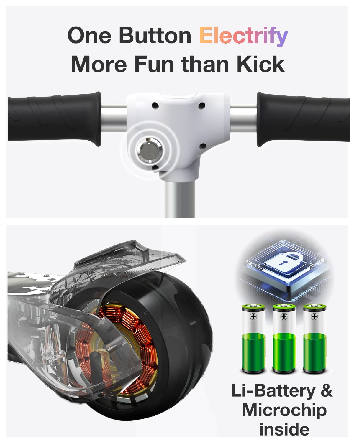 Elecorange 3 Wheel Electric Scooter for Kids, Light Up Deck, Big Flashing Wheels, Thumb Throttle, Adjustable Heights, Foldable, Lightweight, 5mph, Lightweight, Toddler Electric Scooter Ages 5-8, Black
