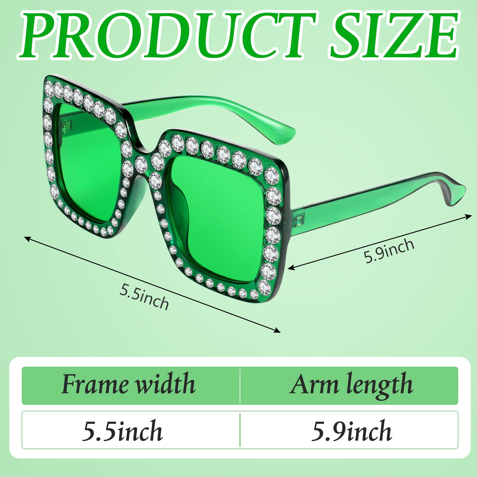 Ecally 3 Pairs St. Patrick's Day Glasses Green Square Rhinestone Sunglasses Oversized Disco Sunglasses Accessories for Women Men Irish Day Party Gift