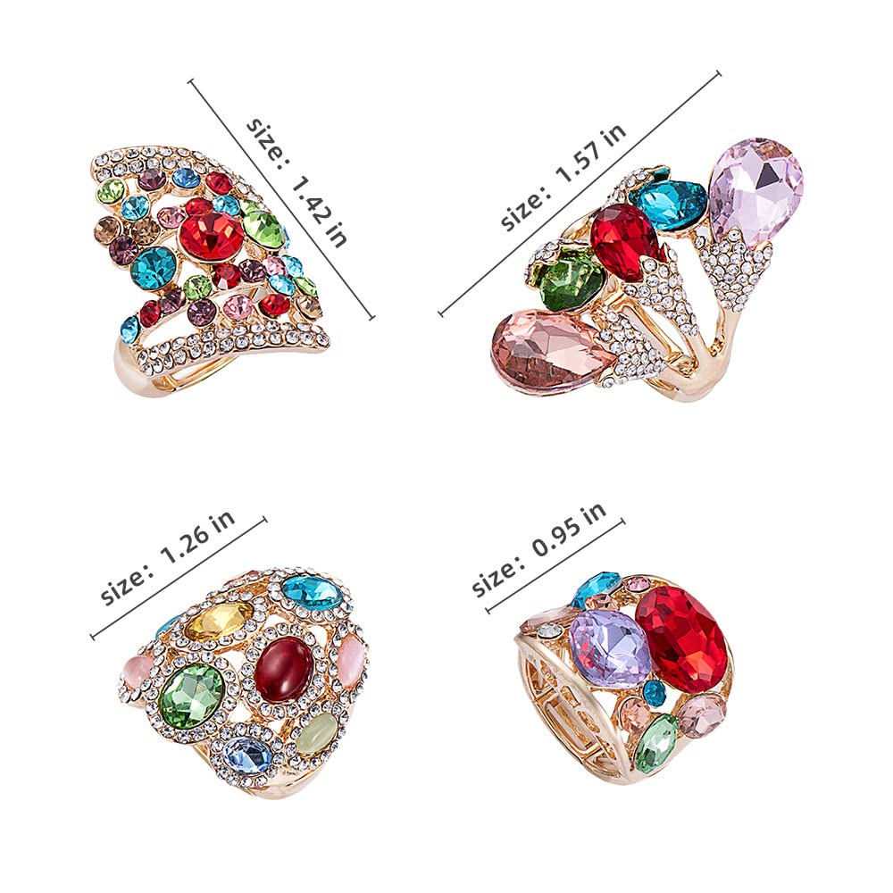 Ecesha 4 PCS/Set Gold Crystal Adjustable Statement Cocktail Rings Set Colorful Rhinestone Irregular Geometric Stretch Rings for Women