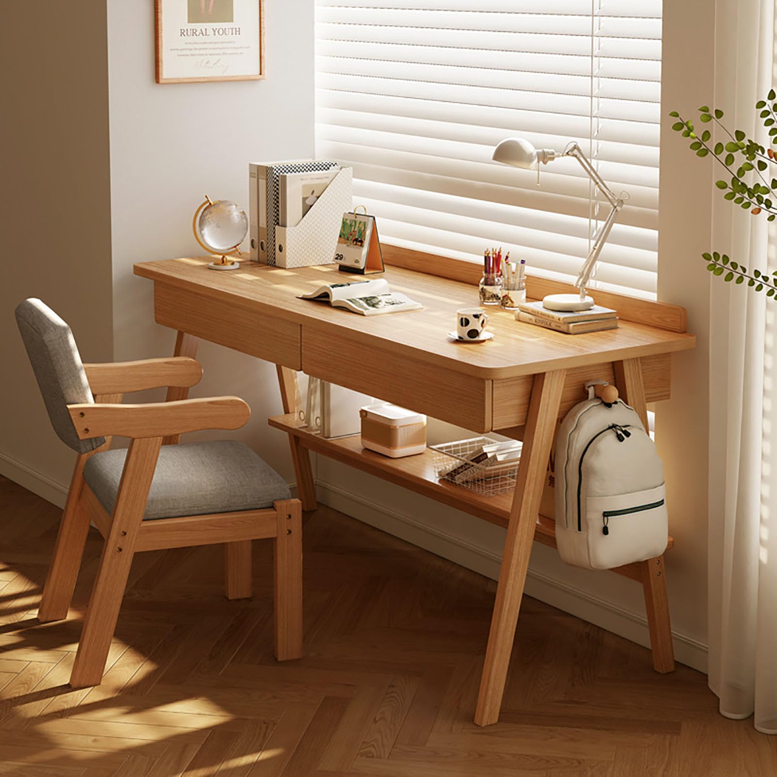 INSTR Home Office Writing Desk with Drawers and Storage Shelf, Mid-Century Modern Study Desk Wood PC Table Workstation Simple Computer Desk for Working & Learning(80x50x82cm(31x20x31inch), Wood)