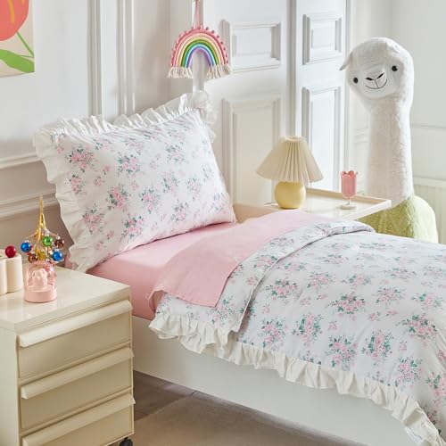 Cotton Toddler Bedding Set with Ruffle Fringe, 4 pc Floral Toddler Bed Set Includes Adorable Quilted Comforter, Fitted Sheet, Top Sheet, and Pillow Case (Purple and Yellow White Flowers)