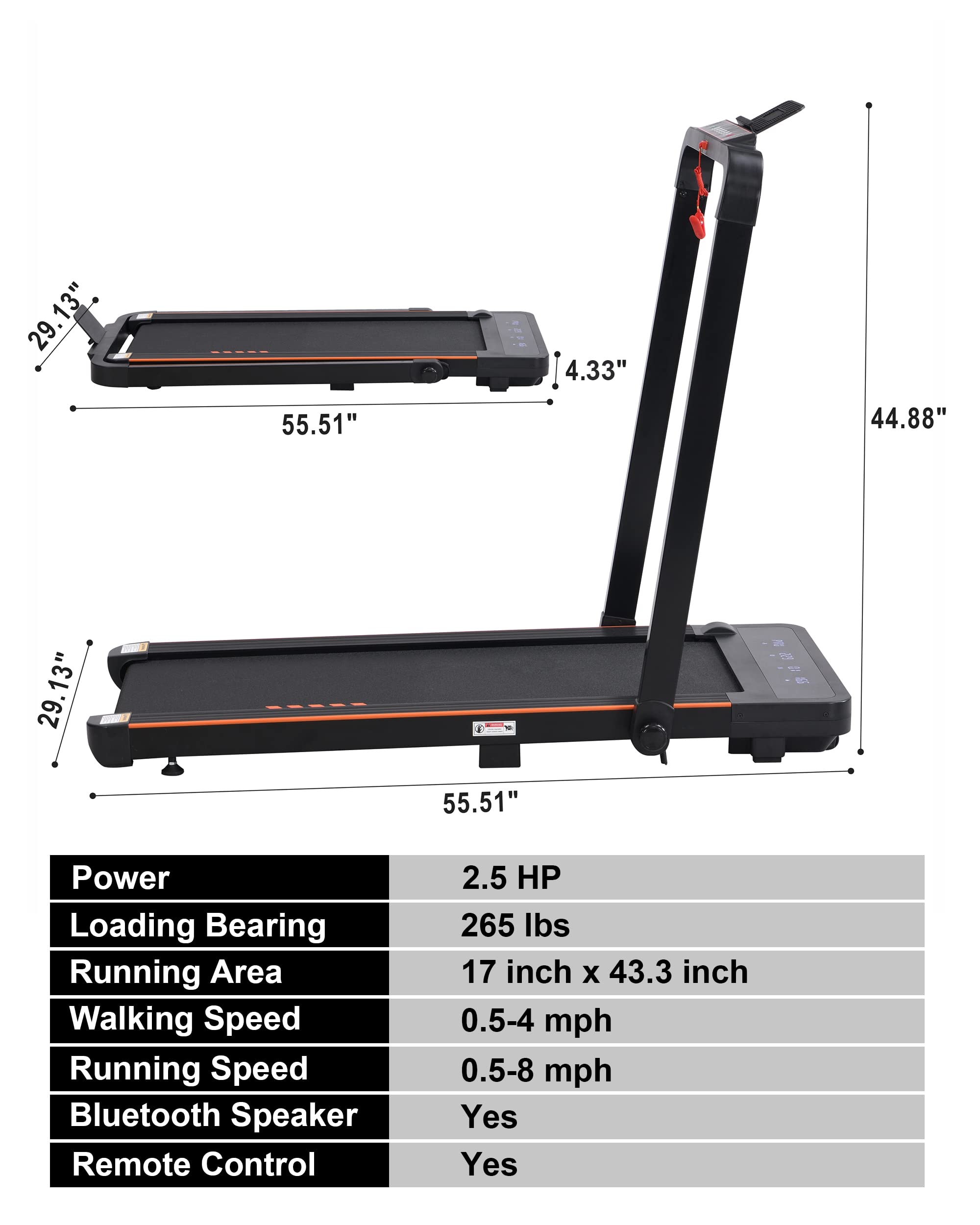 ECHANFIT 2 in 1 Under Desk Treadmill with Bluetooth Speaker, 2.5 HP Folding Electric Walking Jogging Pad with 12 Preset Programs and Remote Control for Home Office, No Assembly Required