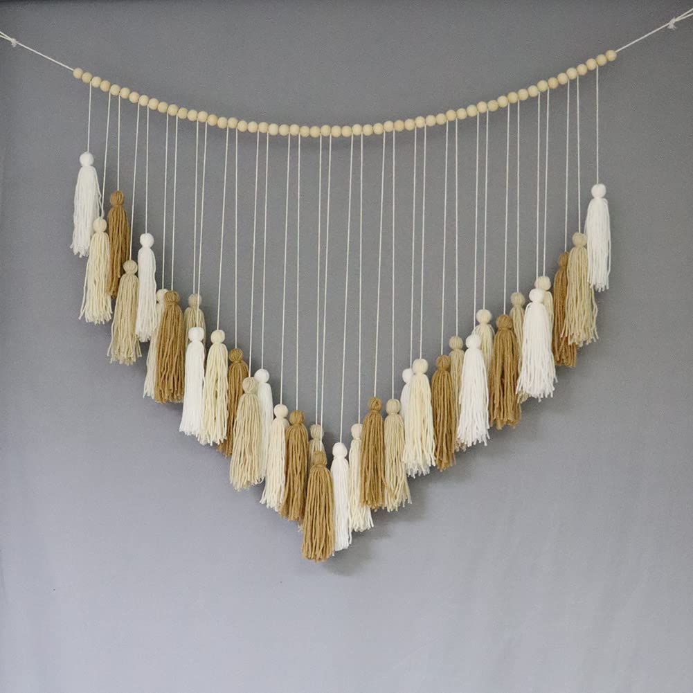 Coucou Large Macrame Tassel Wall Hanging Boho Wall Decor, Yarn Tassels Garland with Wood Beads for Nursery Decor 41" x 31''