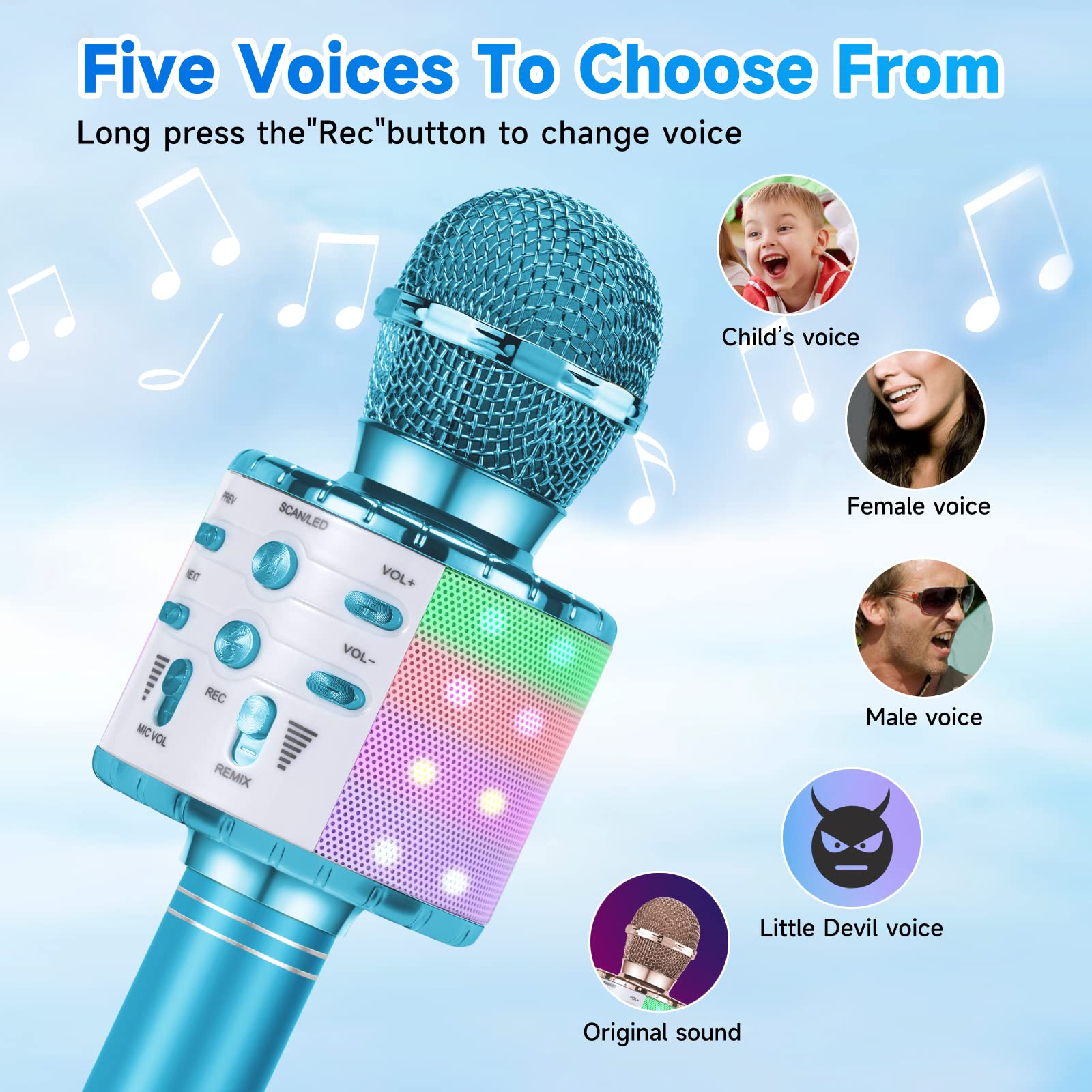 Ecokra Wireless Microphone,Karaoke Bluetooth Microphone with LED Lights 3 in 1 Portable Handheld Wireless Mic Speaker Home KTV Machine Support iOS Android, Microphone Toys Gifts for Kids(Blue)