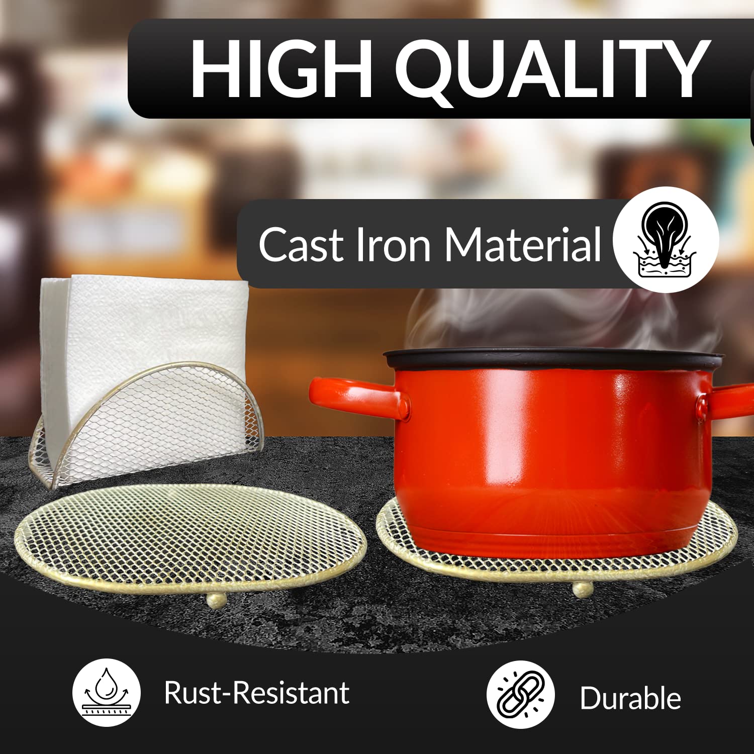 Countertop Paper Towel Holder Set with Table Napkin Holder and Trivet Mat for Hot Pots and Pans, Decorative Cast Iron Towel Stand for Kitchen Counter, Home Decoration Kitchen Accessories