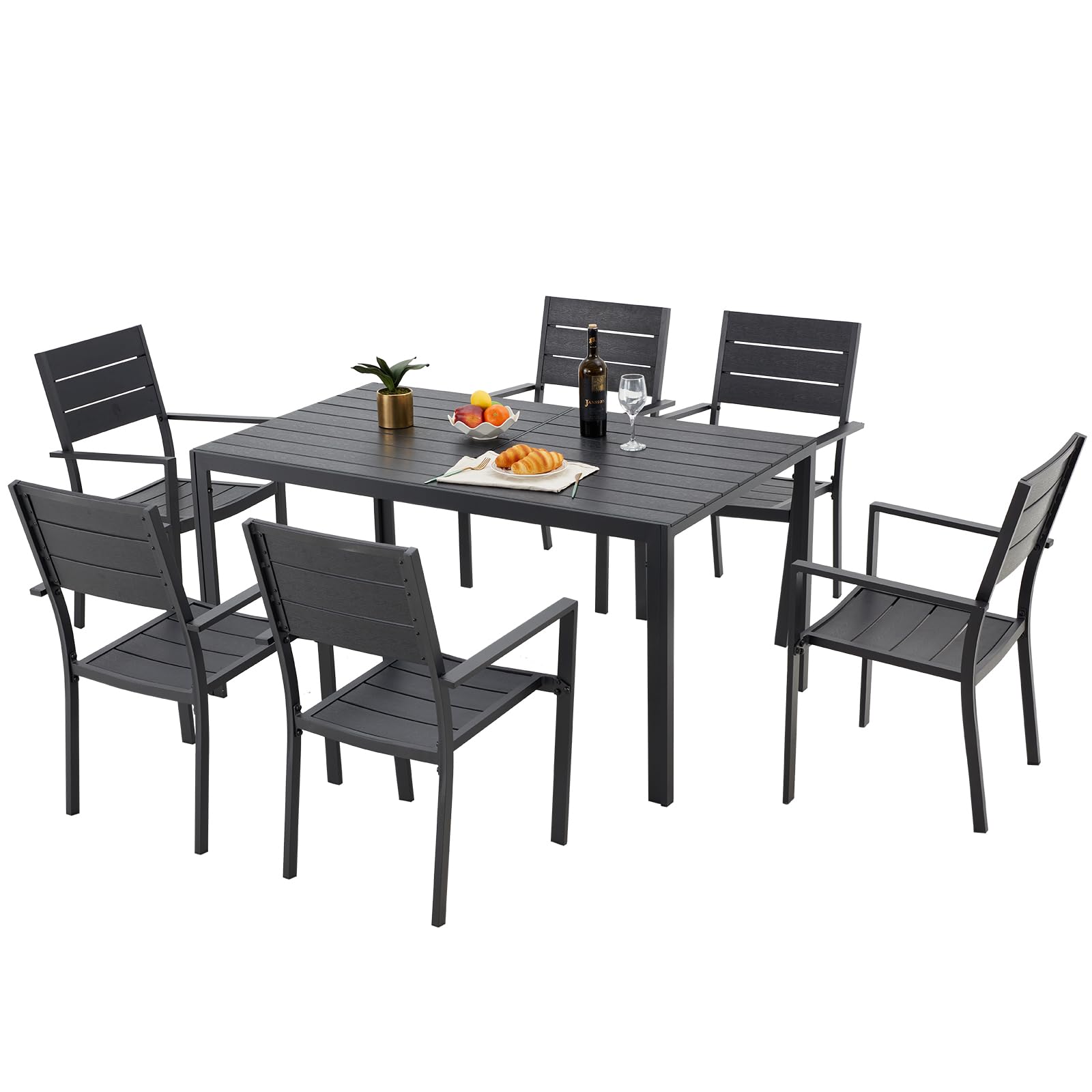 U-MAX 7-Piece Aluminum Outdoor Dining Set, Patio Table and Chairs Set for 6 Morden Outdoor Furniture Set with Aluminum Frames, Rectangular Table and Stackable Chairs for Garden, Black