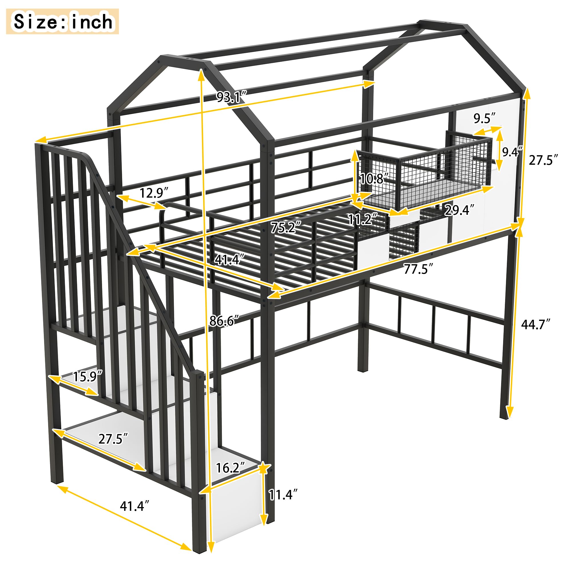 Merax Loft Bed Full Size with Storage Grid, Metal Loft Bed with Lateral Shelf Ladder, for Adults and Teens, Black