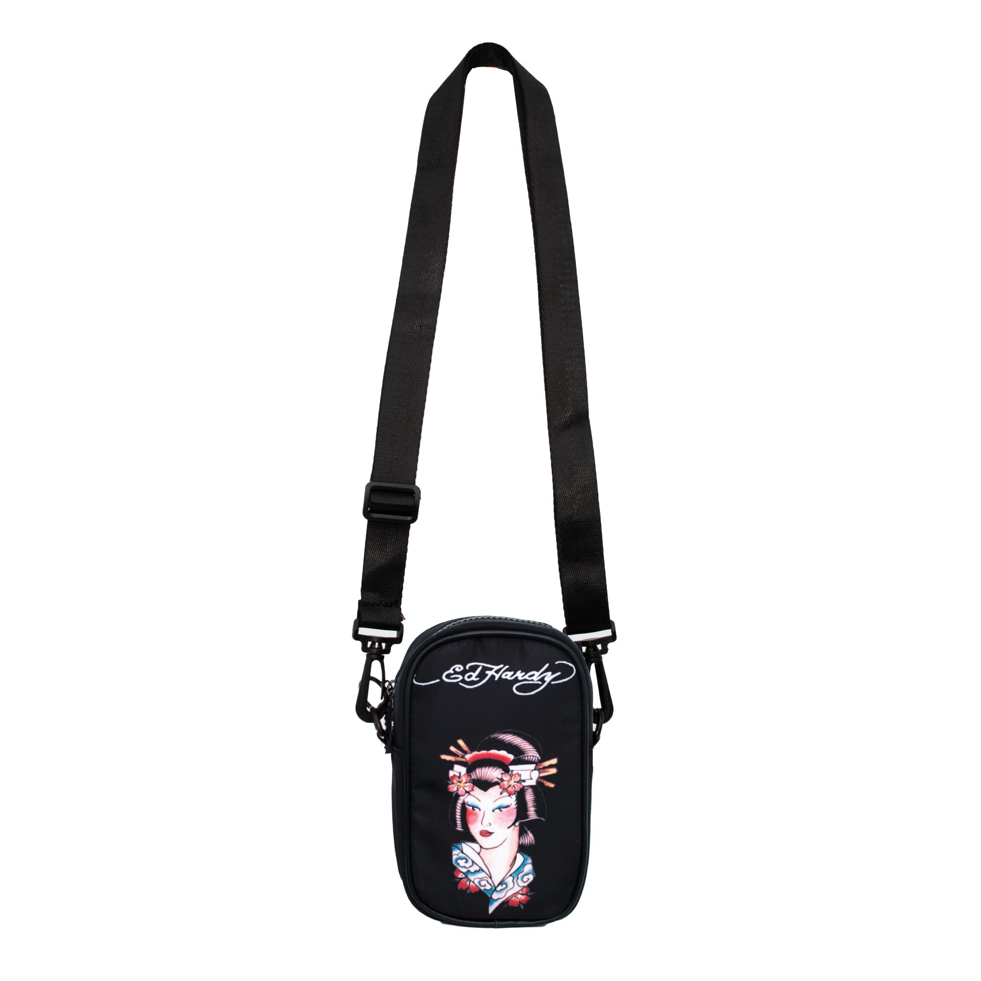 ED HARDY Unisex Black/Black Geisha Tatoo Print Nylon Phone Crossbody Bag With Adjustable Shoulder Strap