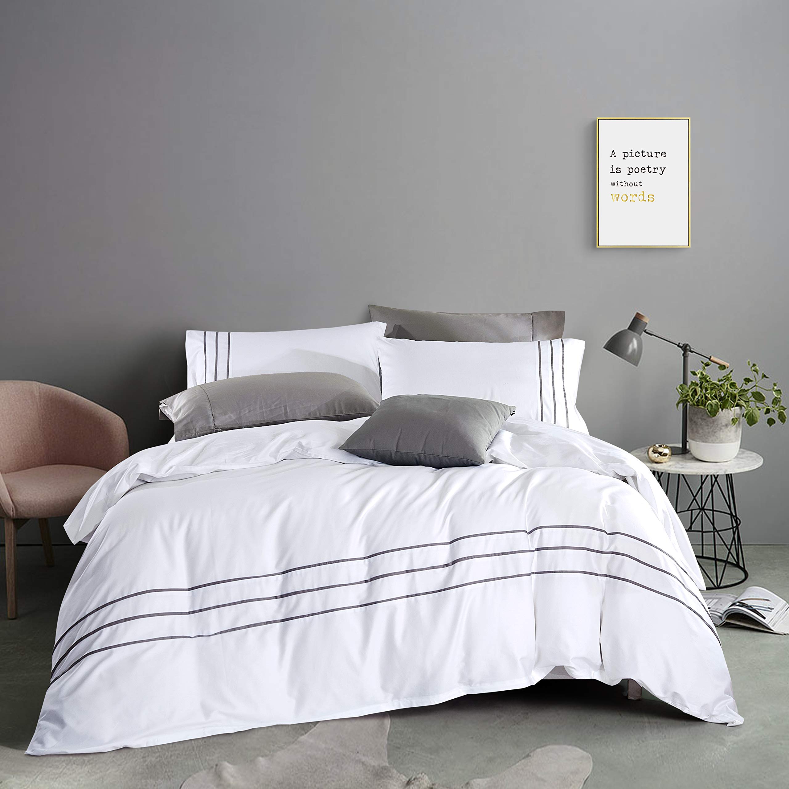 MengBoo Karen 3 Pieces White Duvet Cover Set Without Filling Grey Stripe Trim 100% Egyptian Cotton 300 Thread Count Soft Sateen Hotel Collection Zipper Closure Corner Ties (White Grey, Queen)…