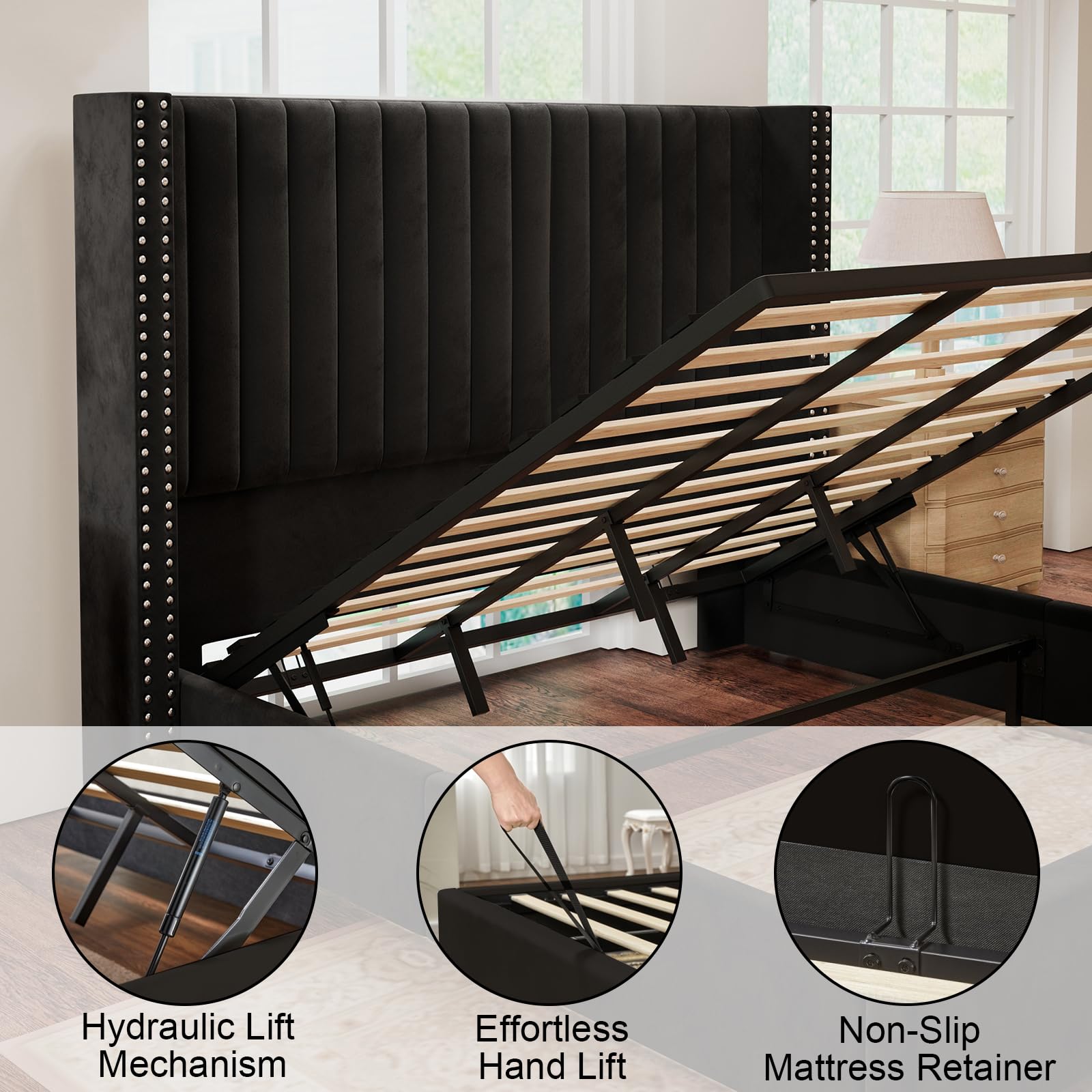 Jocisland Lift up Storage Bed Frame Queen Size, Upholstered Platform Bed Velvet with Channel Tufted Wingback Headboard, No Box Spring Needed, Cream