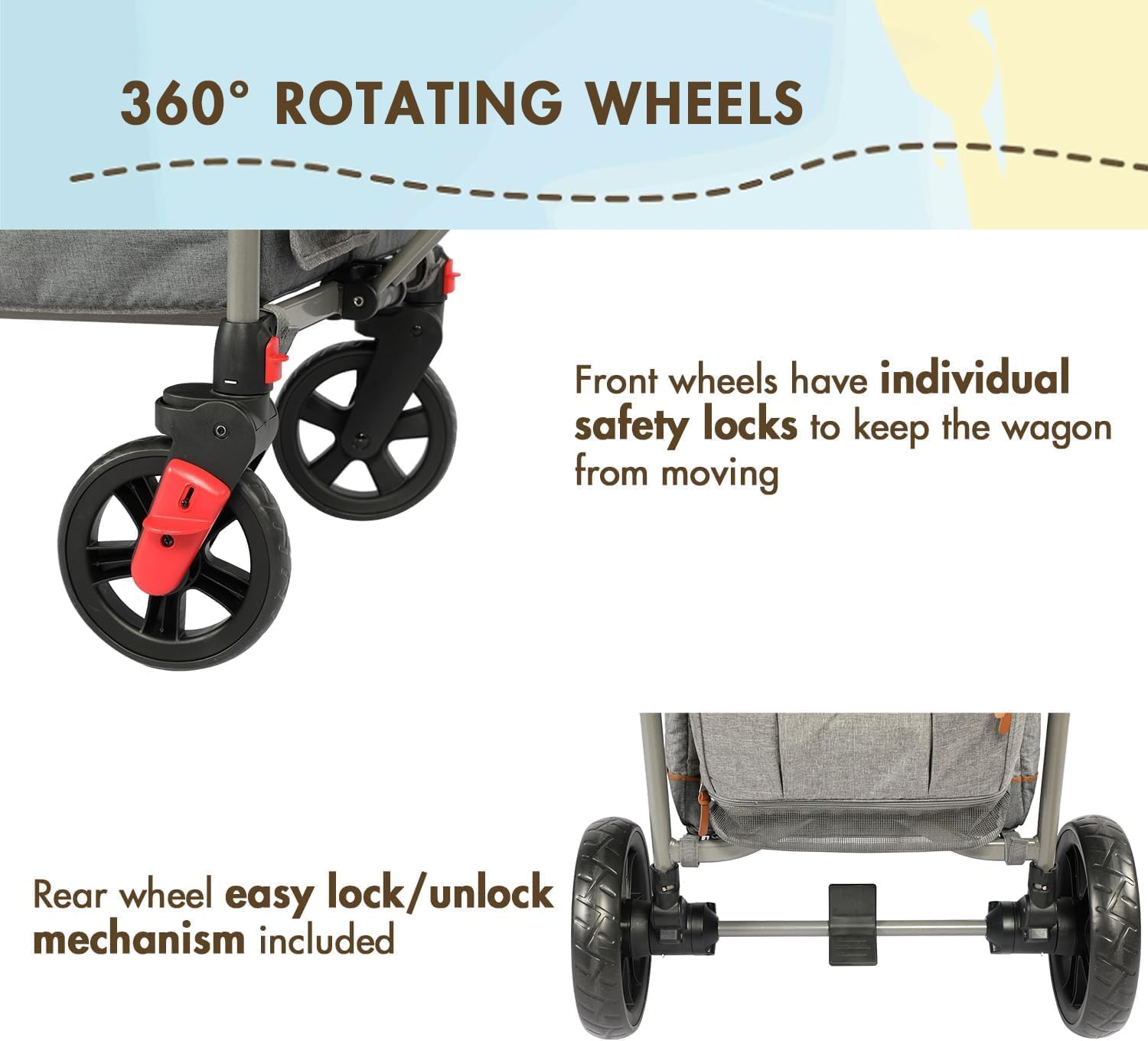 Busy Bee Foldable Wagon Stroller for 2 Kids, Push Pull Collapsible Kids Wagon with Adjustable Handle Bar, Removable Canopy, 5-Point Harness, Shock-Absorbing Wheels, Grey