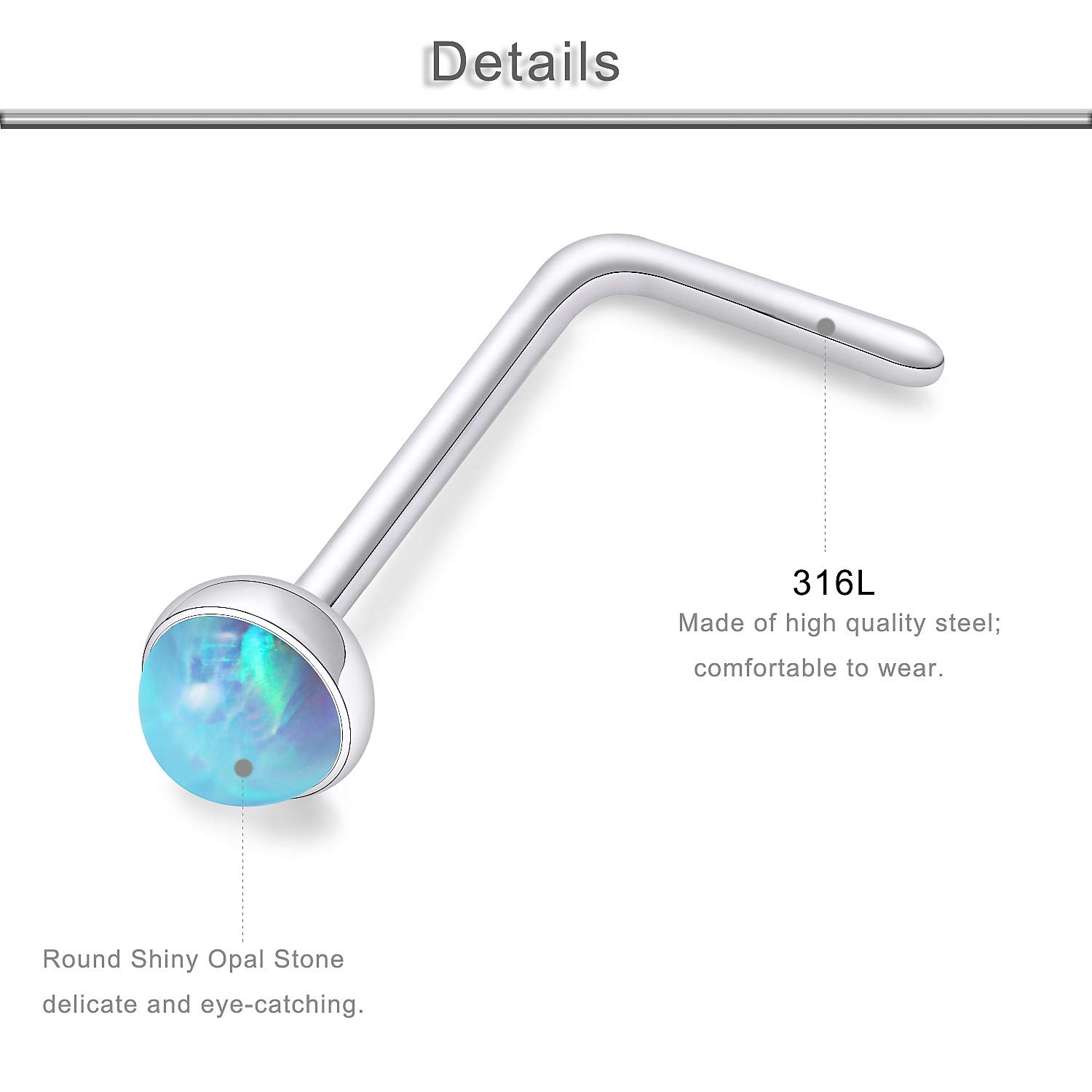 Yaalozei 18G Nose Rings Studs for Women Silver Nose Piercing Studs Surgical Stainless Steel L Shaped Opal Hypoallergenic Cute Small Nose Nostril Ring Stud Body Piercing Jewelry for Men CZ 2MM