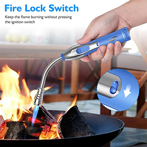 Butane Lighter Torch Long Lighter Refillable Jet Flame Windproof Lighter with Visual Fuel Window Flexible Lighter for Fireplace Grill BBQ Camping Kitchen, Blue (No Butane Included)