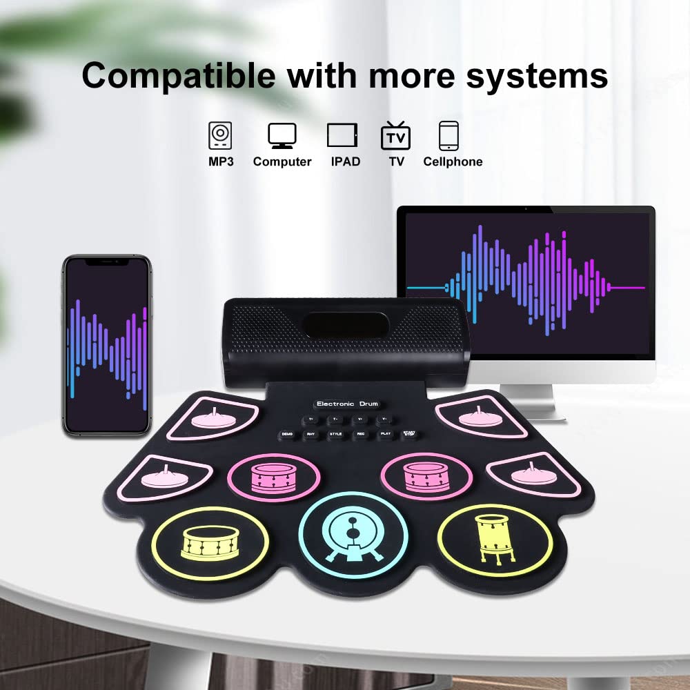 Electronic Drum Set for Kids & Adults, 9 Pads Roll Up Electric Drum Kit,2 Built-in Speaker, Headphone Jack, Portable Digital Midi Practice Drum Pad for Kids Beginners