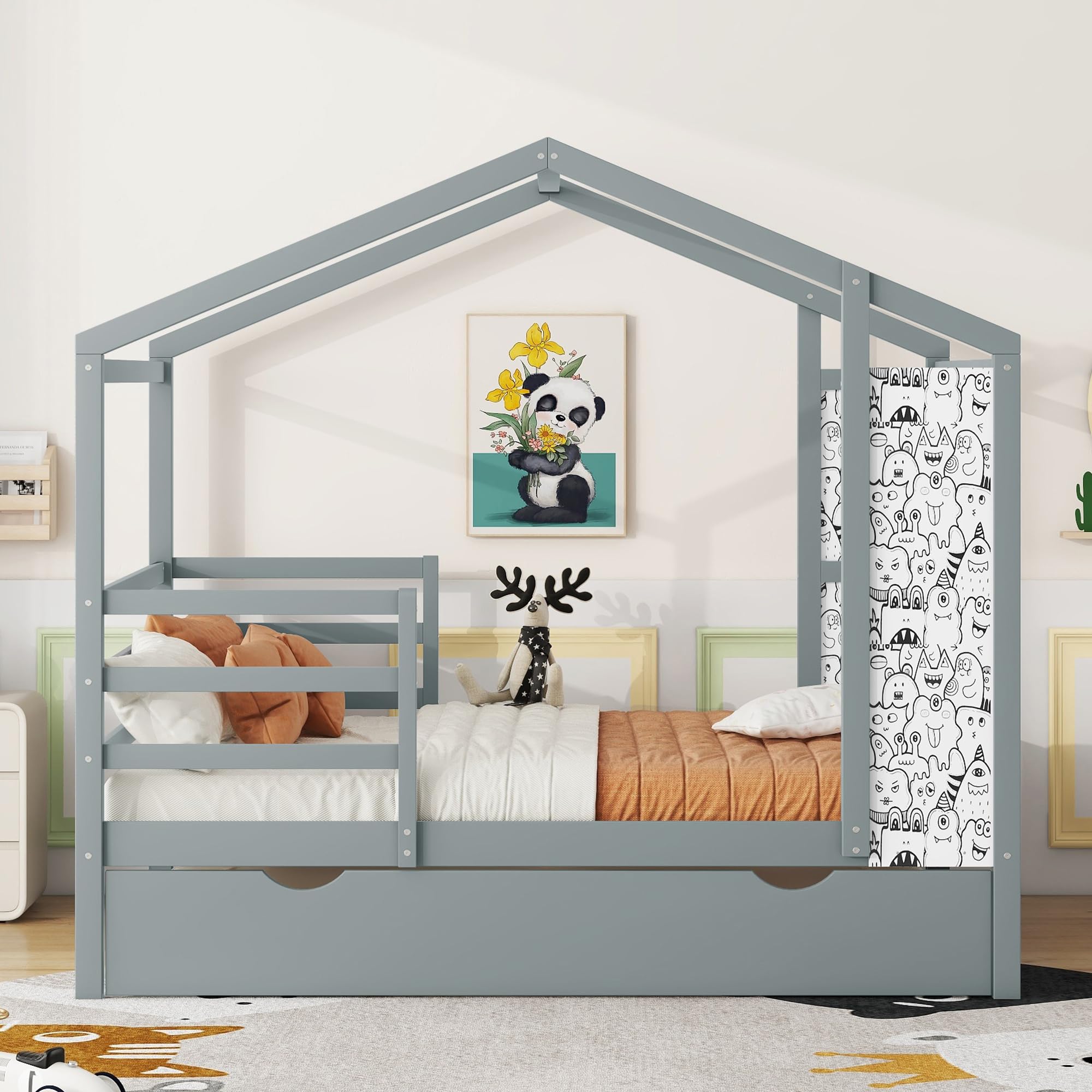 Merax Full Size Wood House Bed with Fence and Writing Board,House Bed with Trundle, White