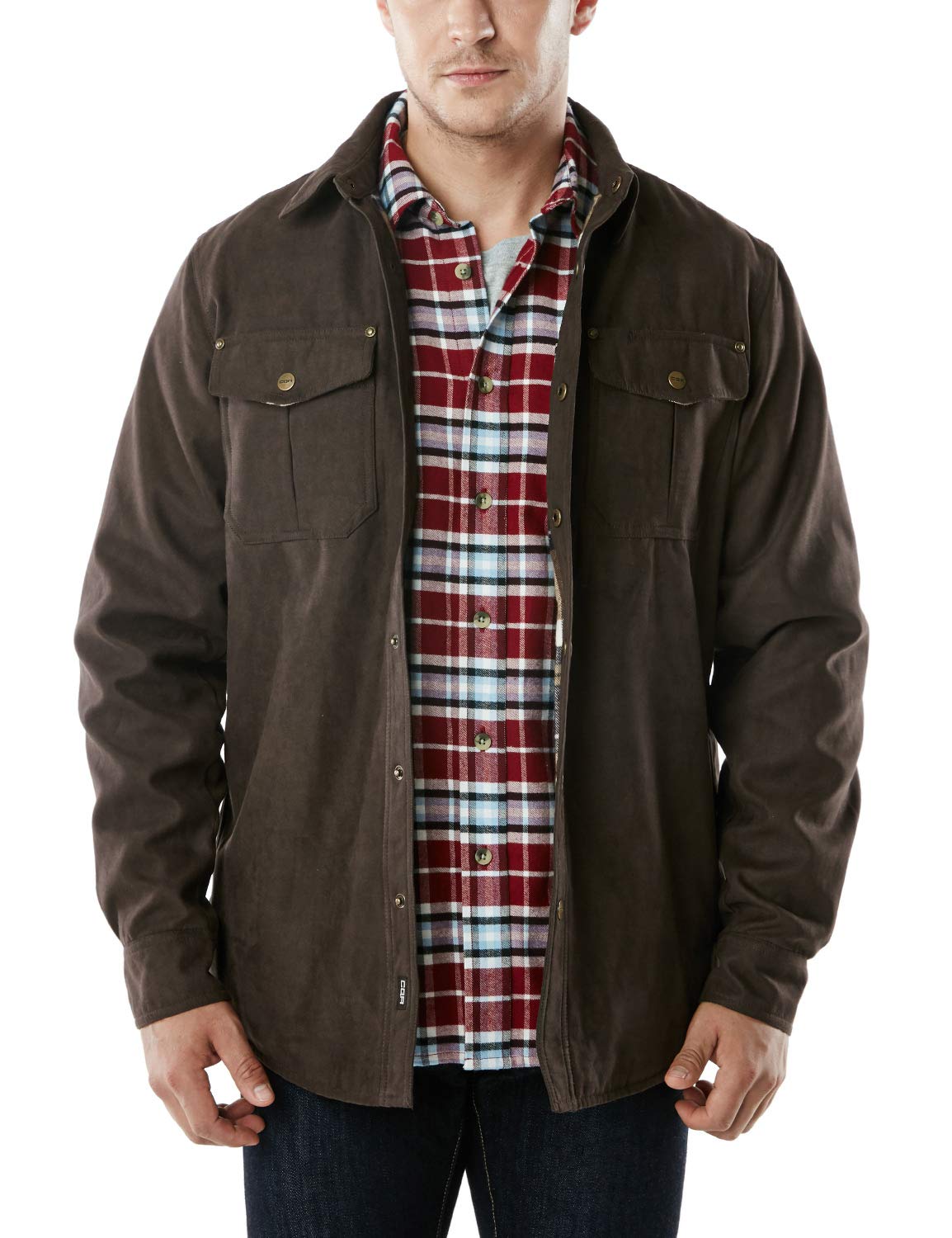 CQR Men's Flannel Lined Shirt Jackets, Long Sleeved Rugged Plaid Cotton Brushed Suede Shirt Jacket, Flannel Lined Calf Brown, Medium
