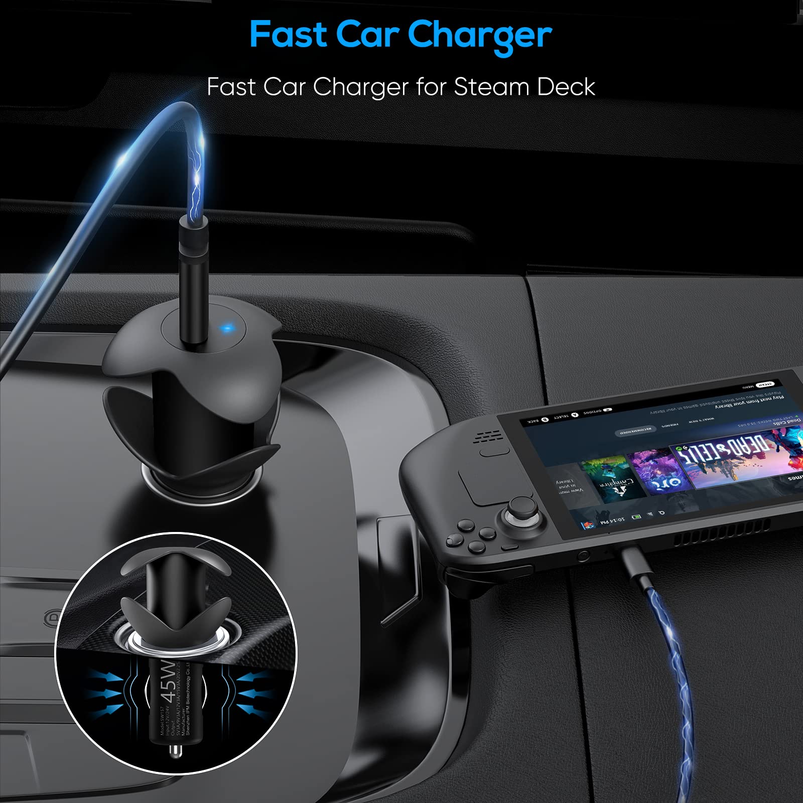 Fast Car Charger for Steam Deck with Winding Cable Device, MENEEA 45W PD 3.0 Mini Charger with 3.9ft USB C Charging Cable, Accessories for Steam Deck/Nintendo Switch/Lite/PS5 Controller/Phone/Tablet