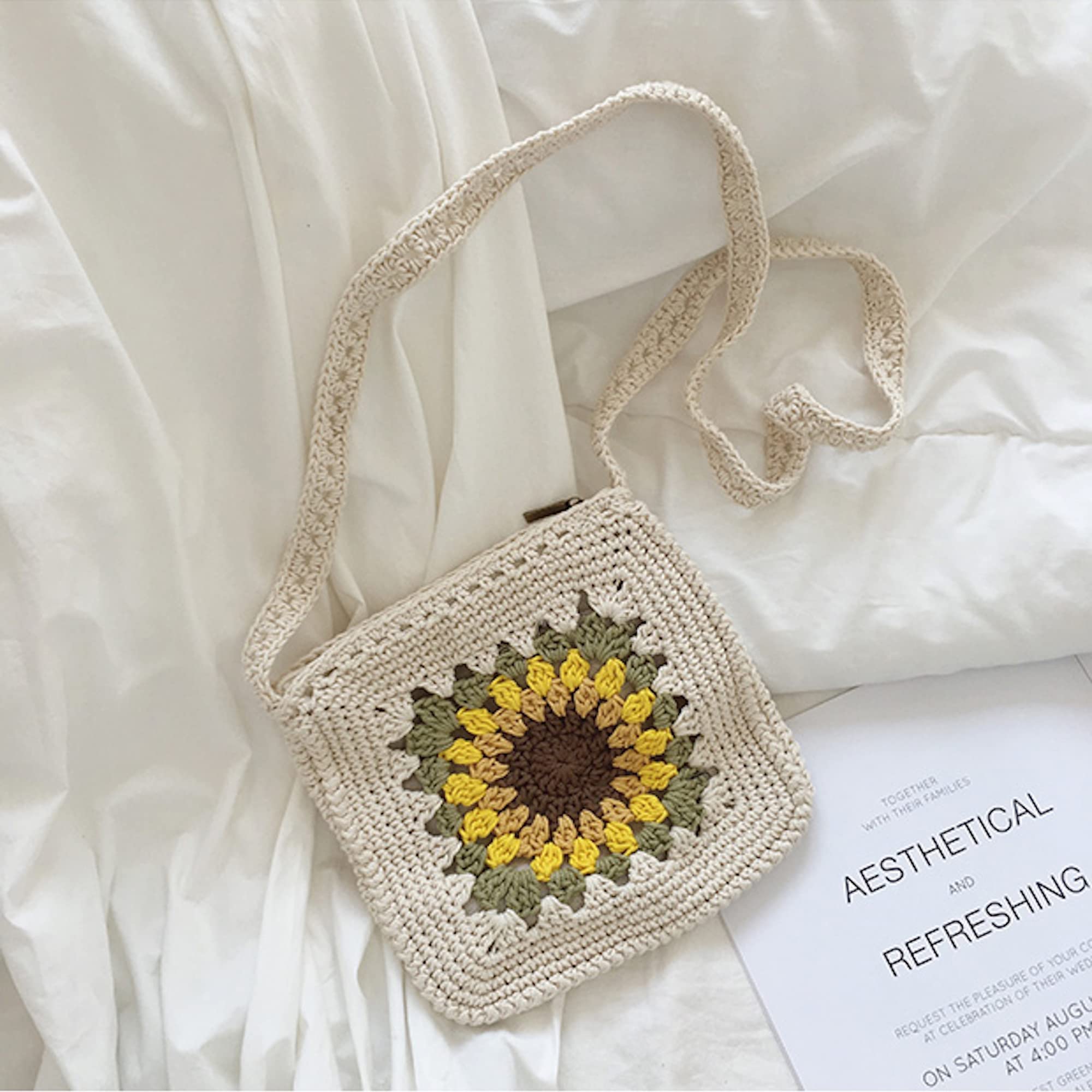 Elena Handbags Handmade Crochet Cotton Sunflower Shoulder Bag (White)