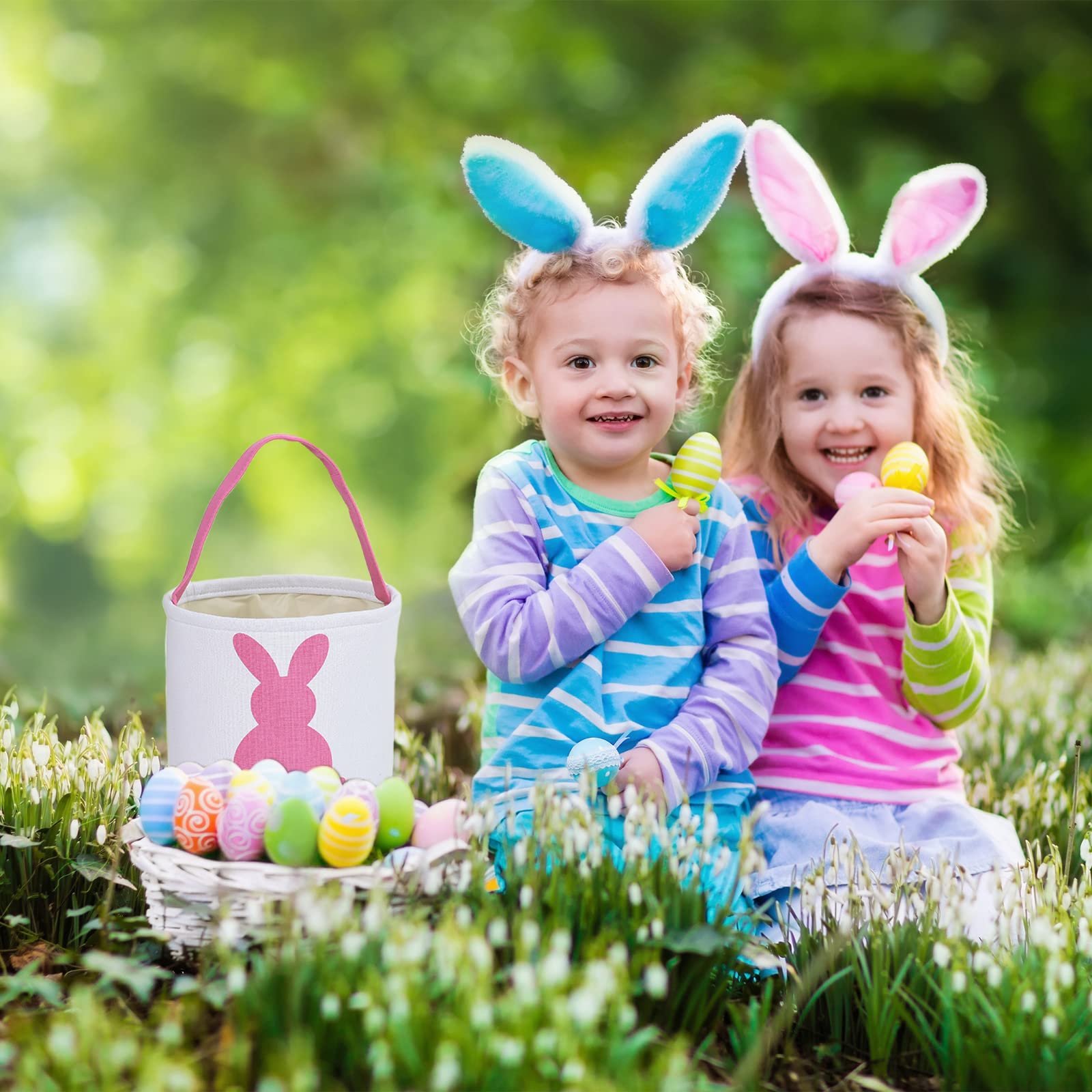 HTONTB 2PCS Easter Bunny Baskets,Kids Easter Egg Hunt Baskets,Rabbit Handbag Easter Party Decorations Gifts Toys Carry Bucket Tote,Reusable Party Bags,DIY Egg Basket Stuffer for Kids Gifts(Pink)