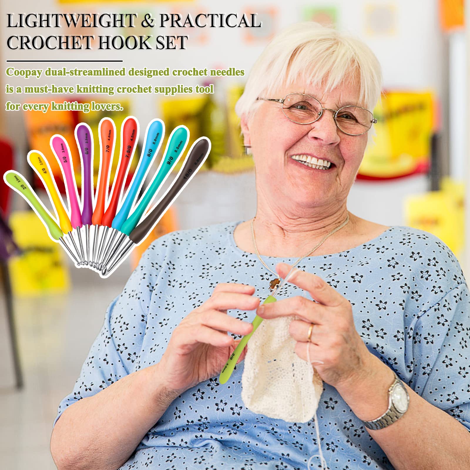 Coopay Crochet Hooks Ergonomic Soft Grip Dual-streamlined Handle Crochet Hook Set for Arthritic Hands, 9PCS Aluminum Crochet Needles for Crochet Yarn, Crochet Kit Beginners Knitting Crochet Supplies