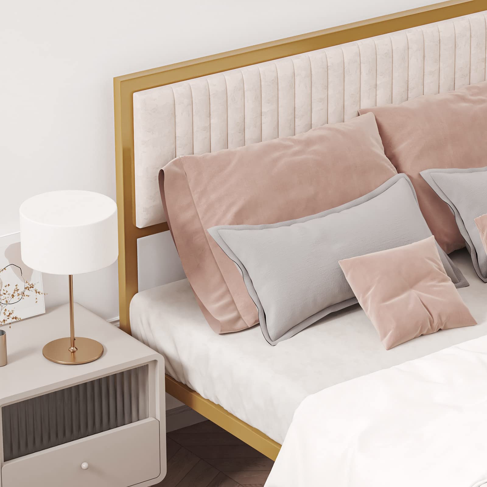 CIKUNASI Gold King Bed Frame, Upholstered Bed Frame with Velvet Headboard Footboard Heavy Duty Bed Frame with LED Lights/No Box Spring Needed/Easy Assembly