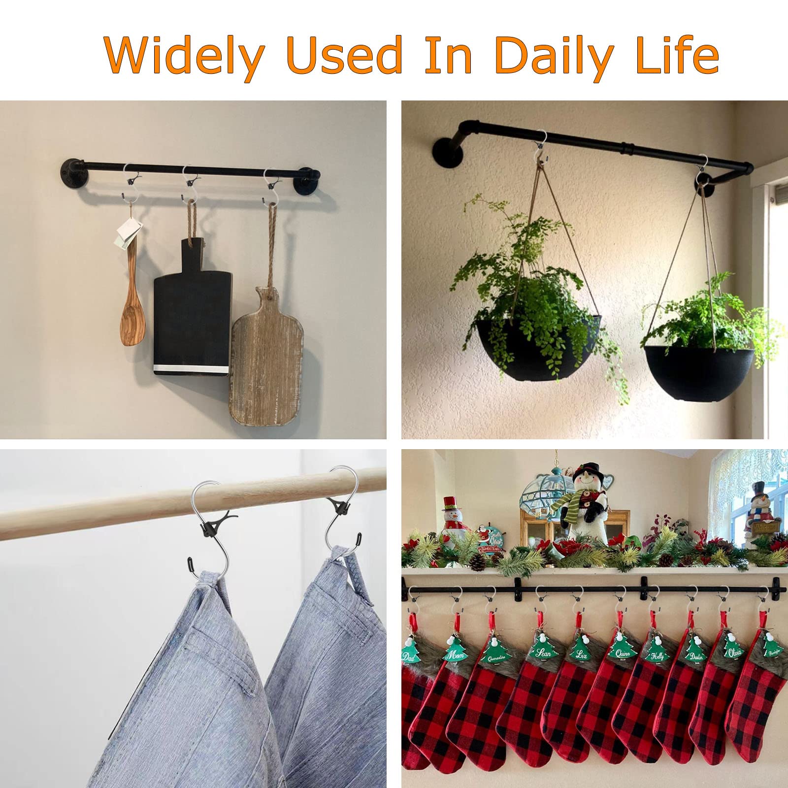Waitkey 8 Pcs S Hooks for Hanging with Anti-Fall Design, 3.5 inch Anti Drop Heavy Duty S Shaped Hook Kitchen Pot Rack Hooks Closet Hooks for Kitchenware Clothes Bags Towels Plants (Black)