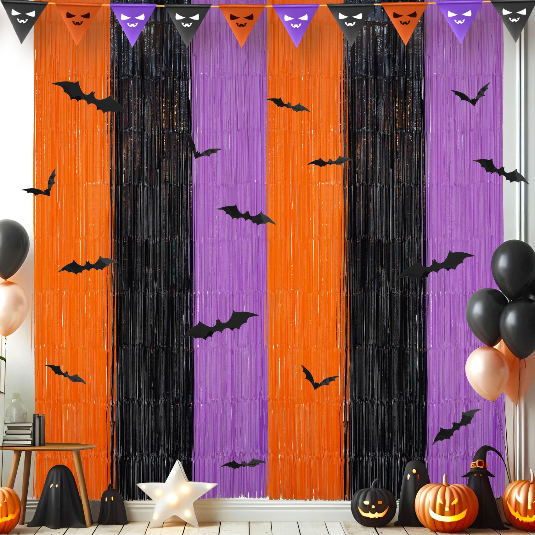 Halloween Party Decorations, 3 Pack 3.3 x 6.6 Ft Orange Purple Black Foil Fringe Curtains with 24 Bat, Halloween Backdrop Photo Booth Props Streamer for Halloween Party Supplies Birthday Decorations