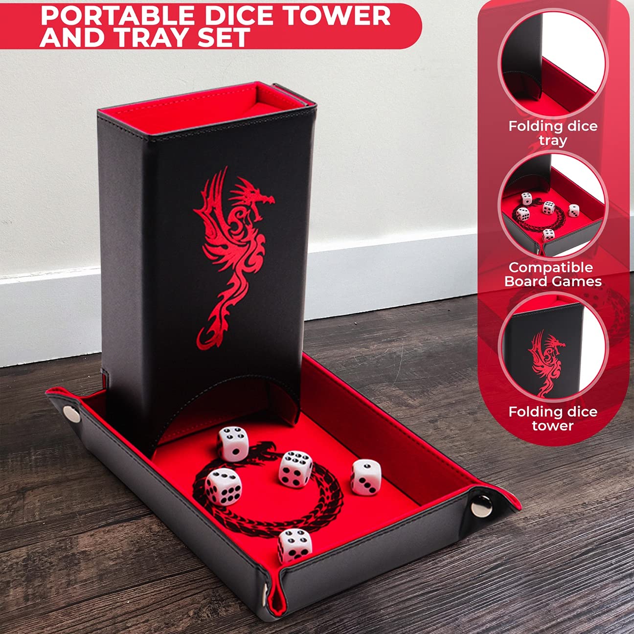 ZenPath Portable Dice Tower and Tray with Non-Scratch Felt Lined Rolling and Velvet Surface | Folding 8" DND Dice Tray | DND Dice Tower for RPG Board and Table Games