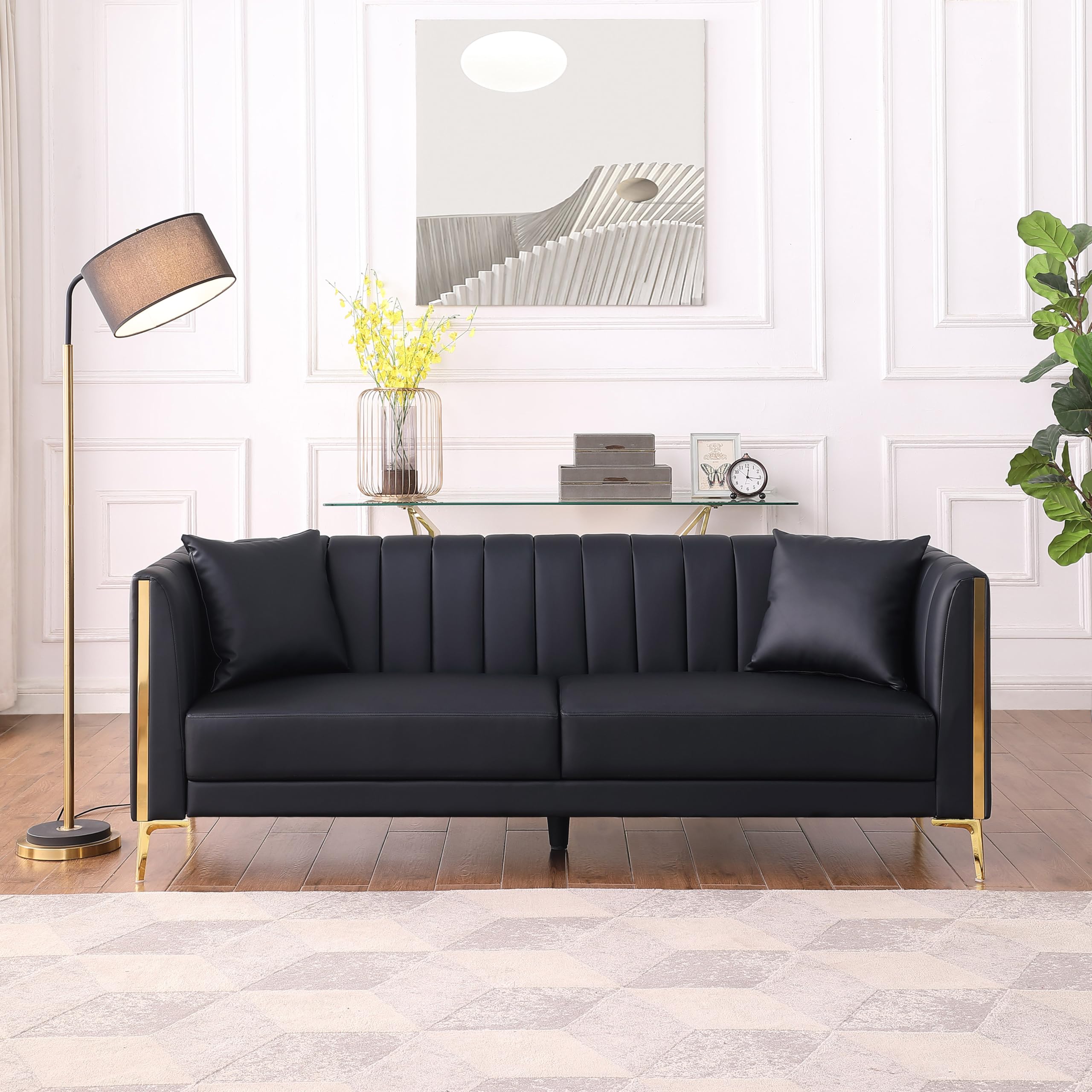FOTOSOK 78'' Sofa, Modern Leather Couches for Living Room, Comfy, Faux Leather Sofa 3 Seater Sofa with 2 Throw Pillows and Gold Metal Legs, Deep Seat Sofas (Brown)