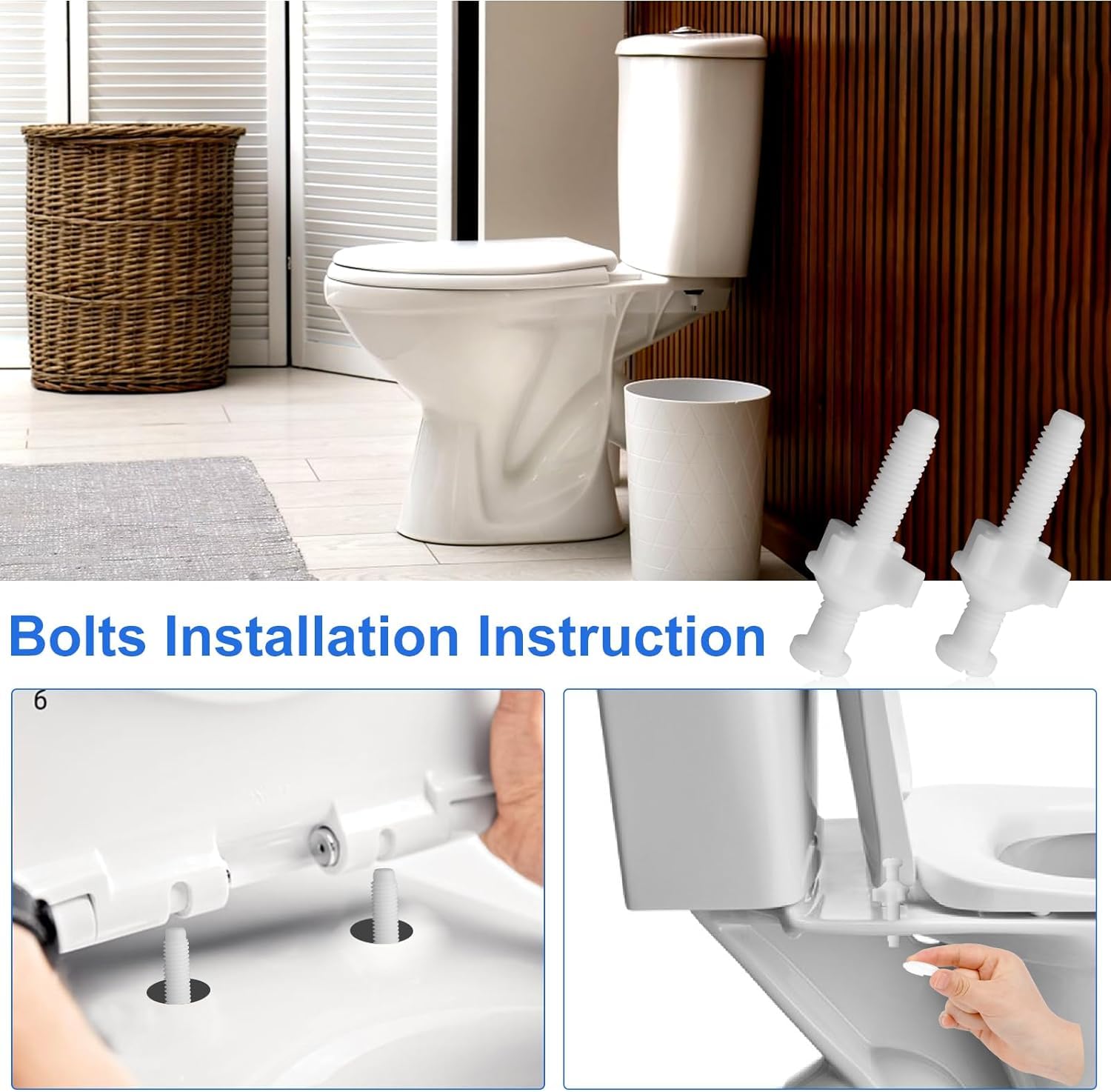 BUWUSMU Replacement Toilet Seat Screws, Kit with Plastic Hinge Bolt Screws, Nuts, and Washers for Top Toilet Seat Repair (White, 4 Pieces)