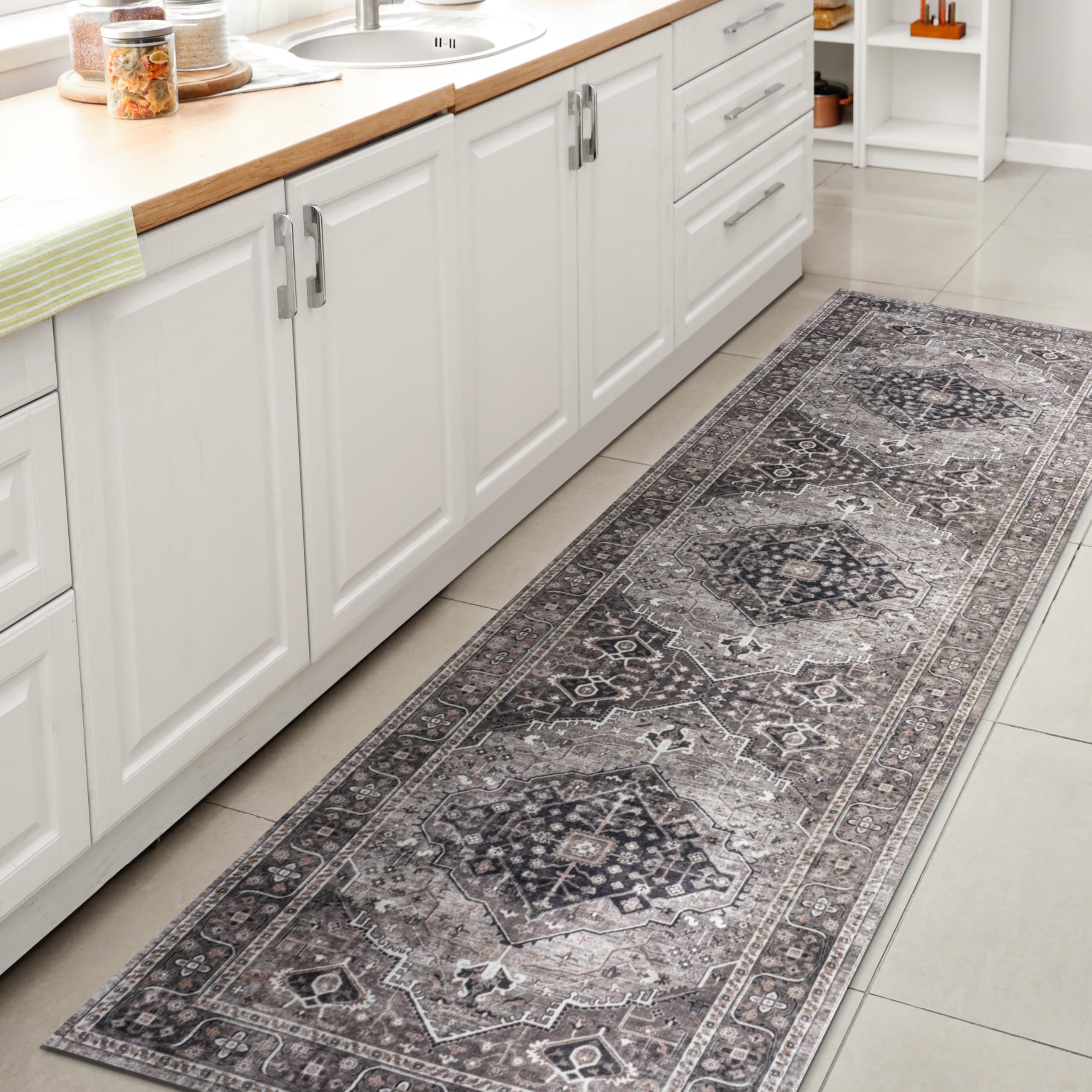 JONATHAN Y WSH103E-28 Alacati Ogee Medallion Machine-Washable Dark Gray/Light Gray 2 ft. x 8 ft. Runner Rug, Easy to Clean, Non-Shedding for Home, Kitchen, Living Room, Bedroom, Dining Room