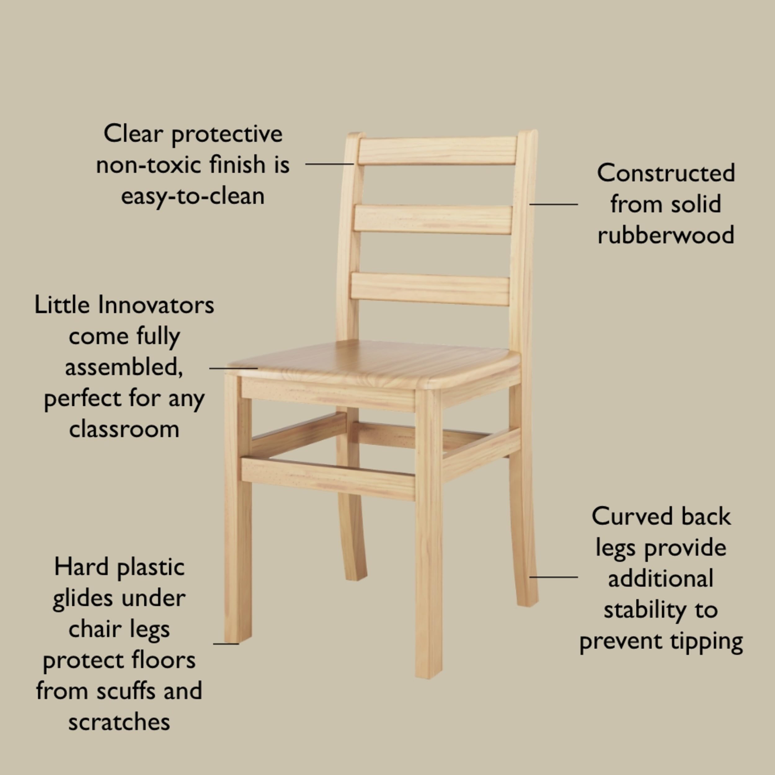 Foundations Little Innovators 8"; 2 Pack Kids Wooden Ladderback School Chairs - Durable Rubberwood Fully-Assembled - Kid Chairs for Daycare and Classrooms