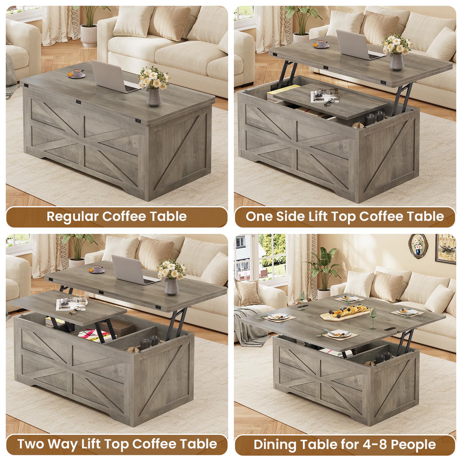 Itaar Farmhouse Coffee Table, Lift Top Coffee Table with Large Hidden Compartment, Rustic Center Table with Barn Door, for Living Room, Office, Grey
