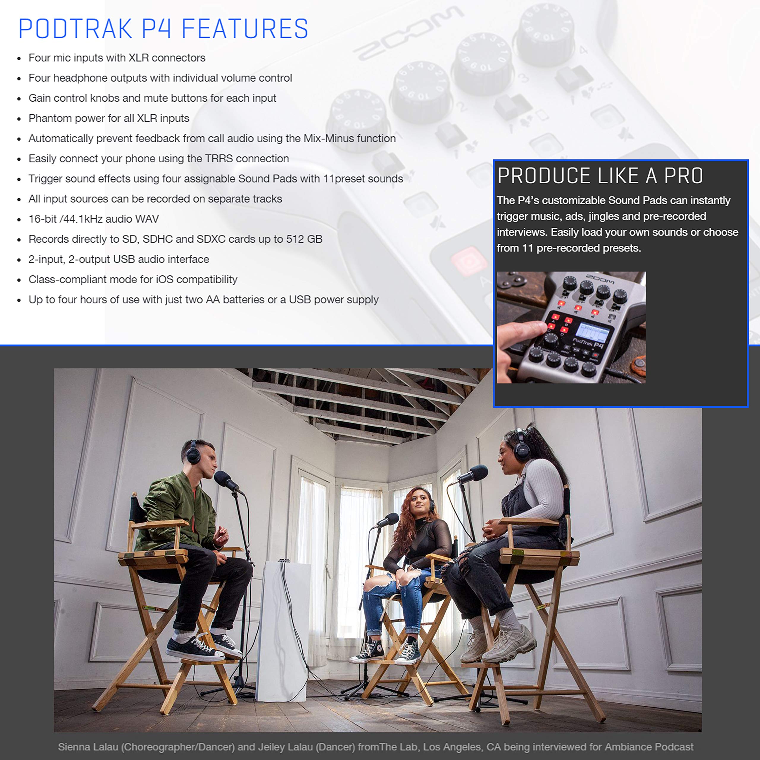 Zoom PodTrak P4 Portable Multitrack Podcast Recorder + 4x Zoom M-1 Mic + 4x Headphones + 4x Tabletop Stand + 128GB Extreme PRO SDXC Memory Card + AA Batteries and Charger – 4 Person Podcasting Bundle