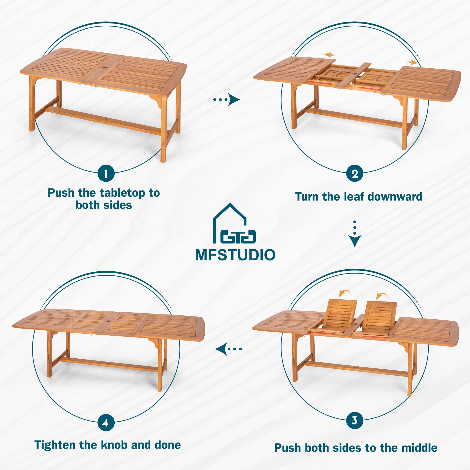 MFSTUDIO 7 Pieces Patio Dining Set, Outdoor Table Chairs Set for 6, 1 x Rectangular Expandable Acacia Wood Table, 6 x Wood Dinging Chairs with Removable Cushions for Garden, Backyard, Porch