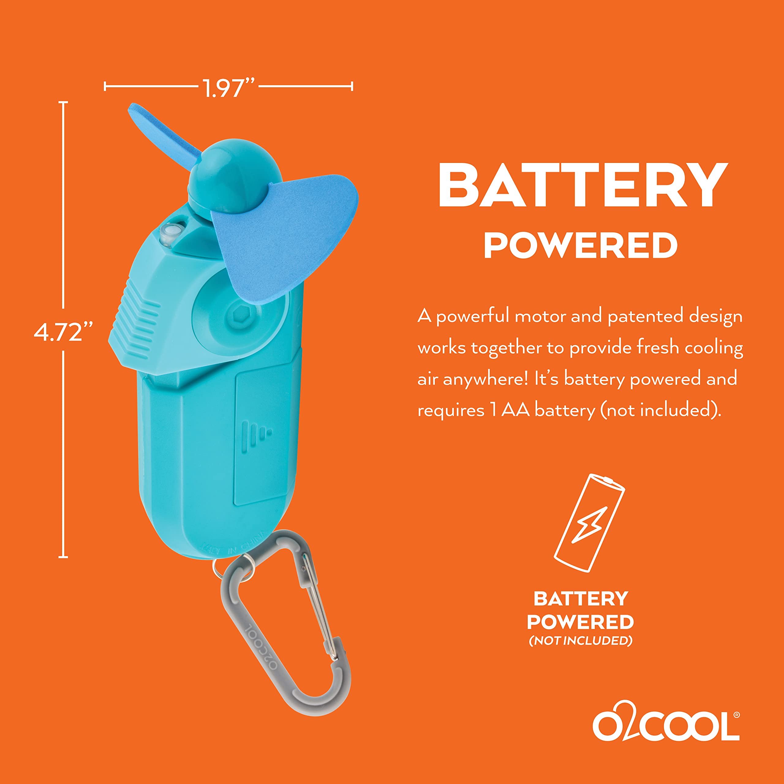 O2COOL Keychain Sport Misting Fan - Pocket Size Battery Powered Portable Fan With Carabiner Clip Small Fan with Mister Handheld Fan Vacation Essentials Hand Fan 2 Pack (Teal)