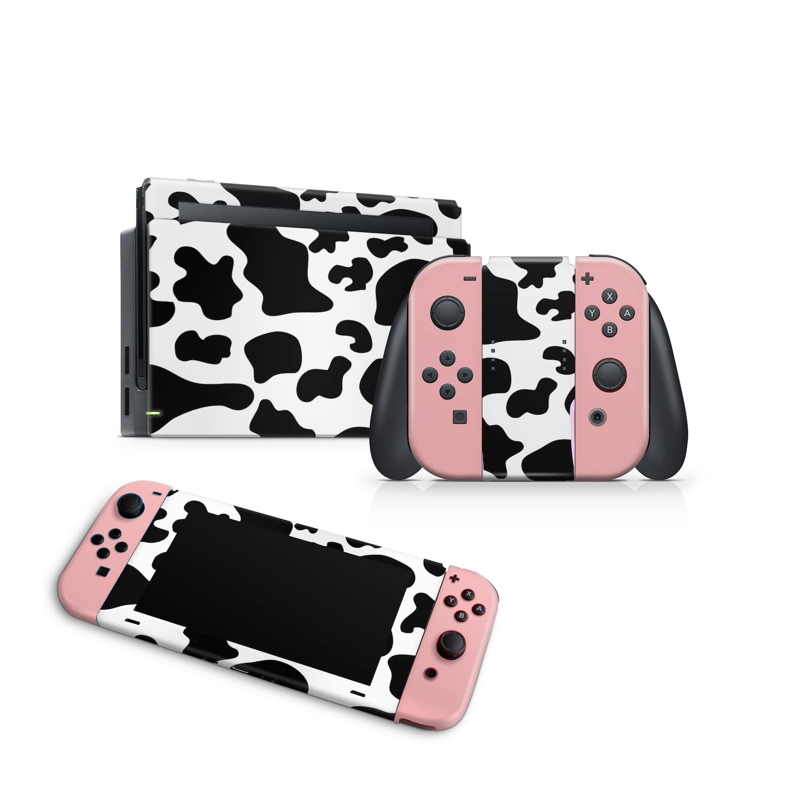 ZOOMHITSKINS Compatible with Switch Skin Cover Cute Pink Cow Skins Aqua Color Pastel Animals Farmer Pattern Black Pets 3M Vinyl Decal Sticker Wrap, Made in The USA