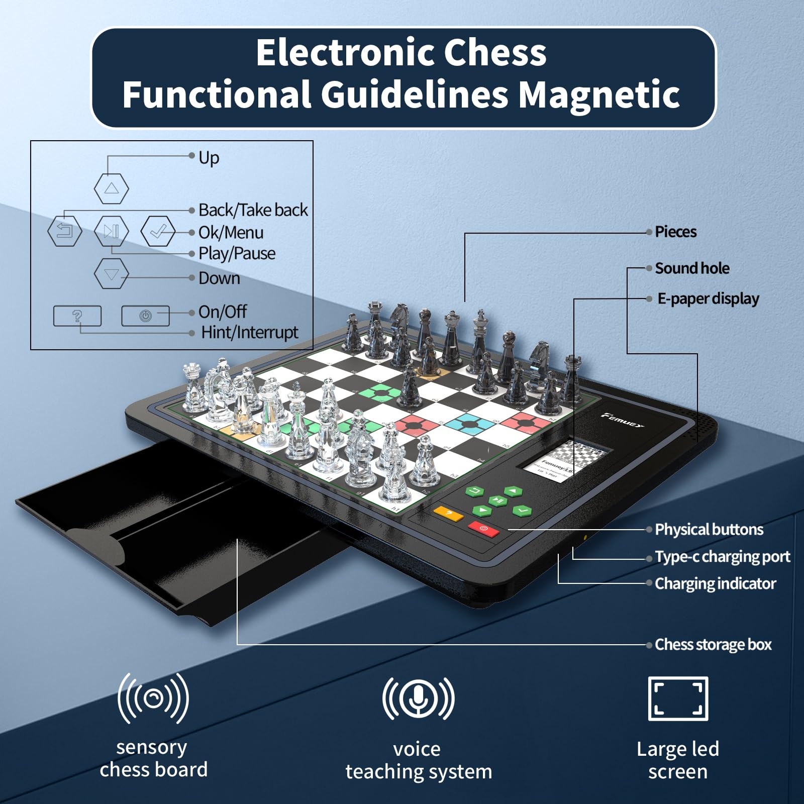 Electronic Chess Set, Chess Set Board Game, Computer Chess Game, Electronic Chess Game, LEDs,Built-in Battery, Great Partner for Play and Practice