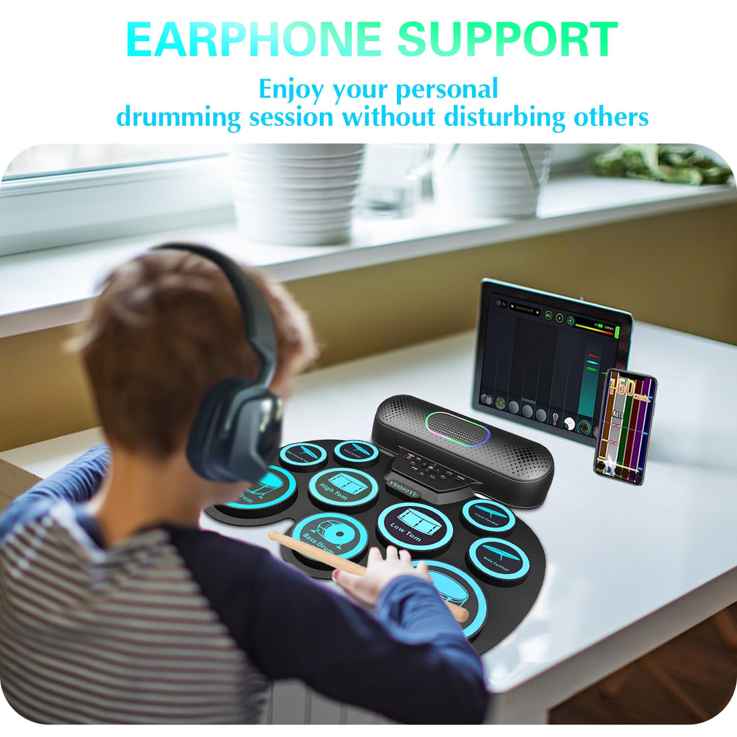Electronic Drum Set - YUOIOYU Electric Drum Set Roll Up Potable Drum Kit MIDI Practice Drum Pad with Dual Built-in Speaker, Drum Sticks and Pedals,Christmas Birthday Gift for Kids Adult