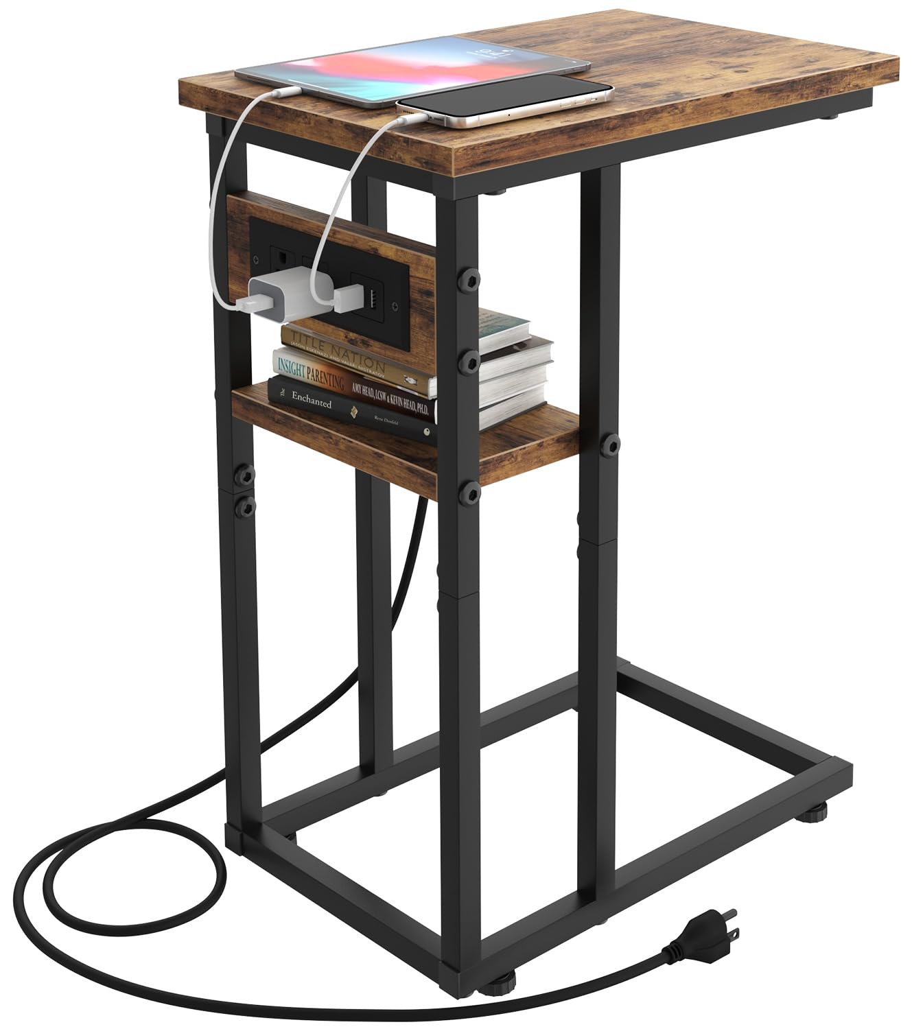 C Shaped End Table with Charging Station, 2 Tier Sturdy C Shaped Side Table Bedside Tables with Metal Frame for Living Room Bedroom, C Shaped Sofa Couch Table Snack Table Coffee Table, Rustic Brown