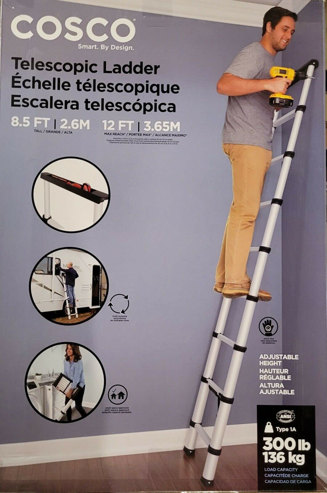 Cosco 8.5 Ft SmartClose Aluminum Telescoping Ladder with Tray Cap and Type 1A 300-Pound Capacity, 12 Ft Max Reach