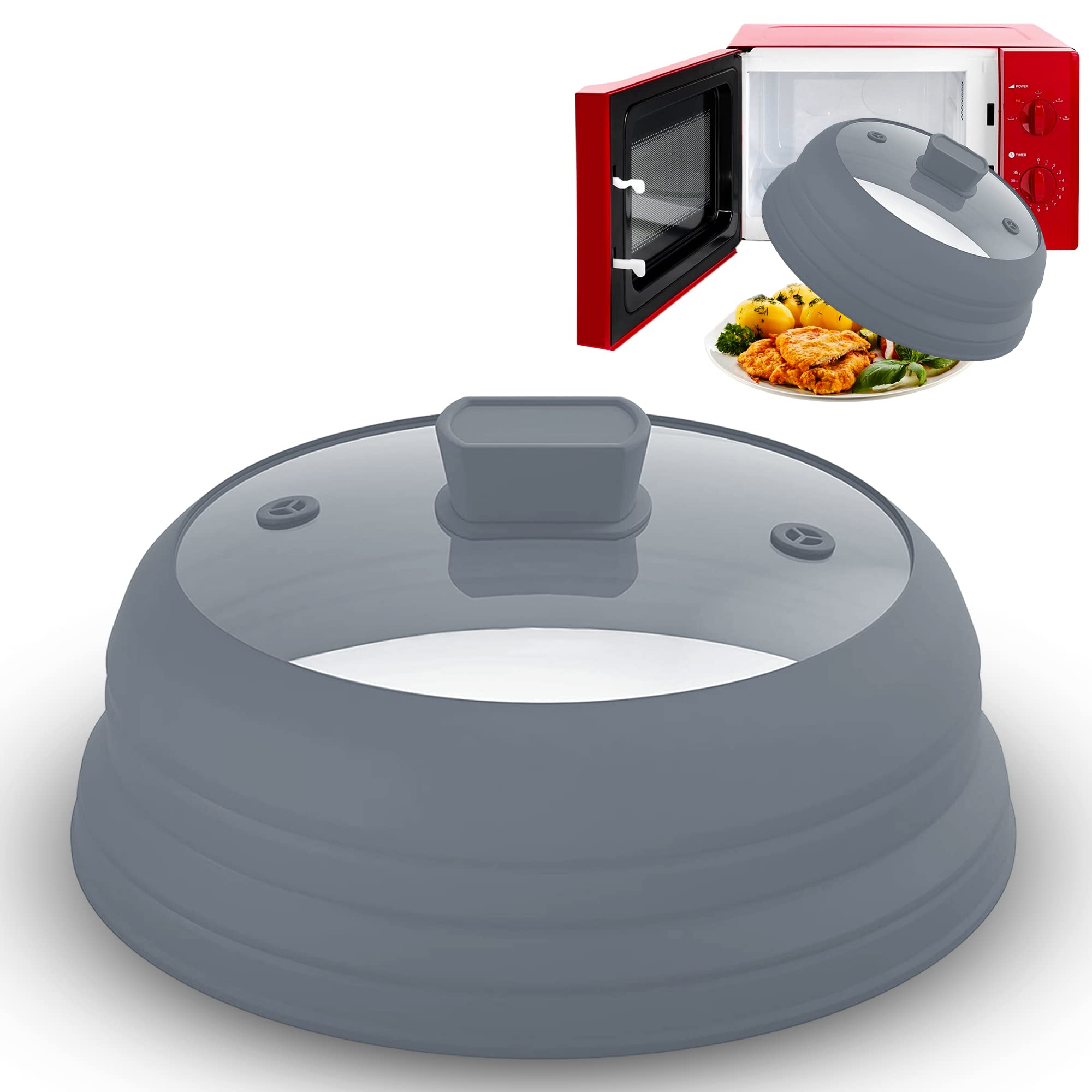 Microwave Splatter Cover Glass - Collapsible Microwave Splatter Cover for Plate & Bowl - Tempered Glass Top, Food-Grade Silicone Dome with Heating Vents & Heat-Safe Handle