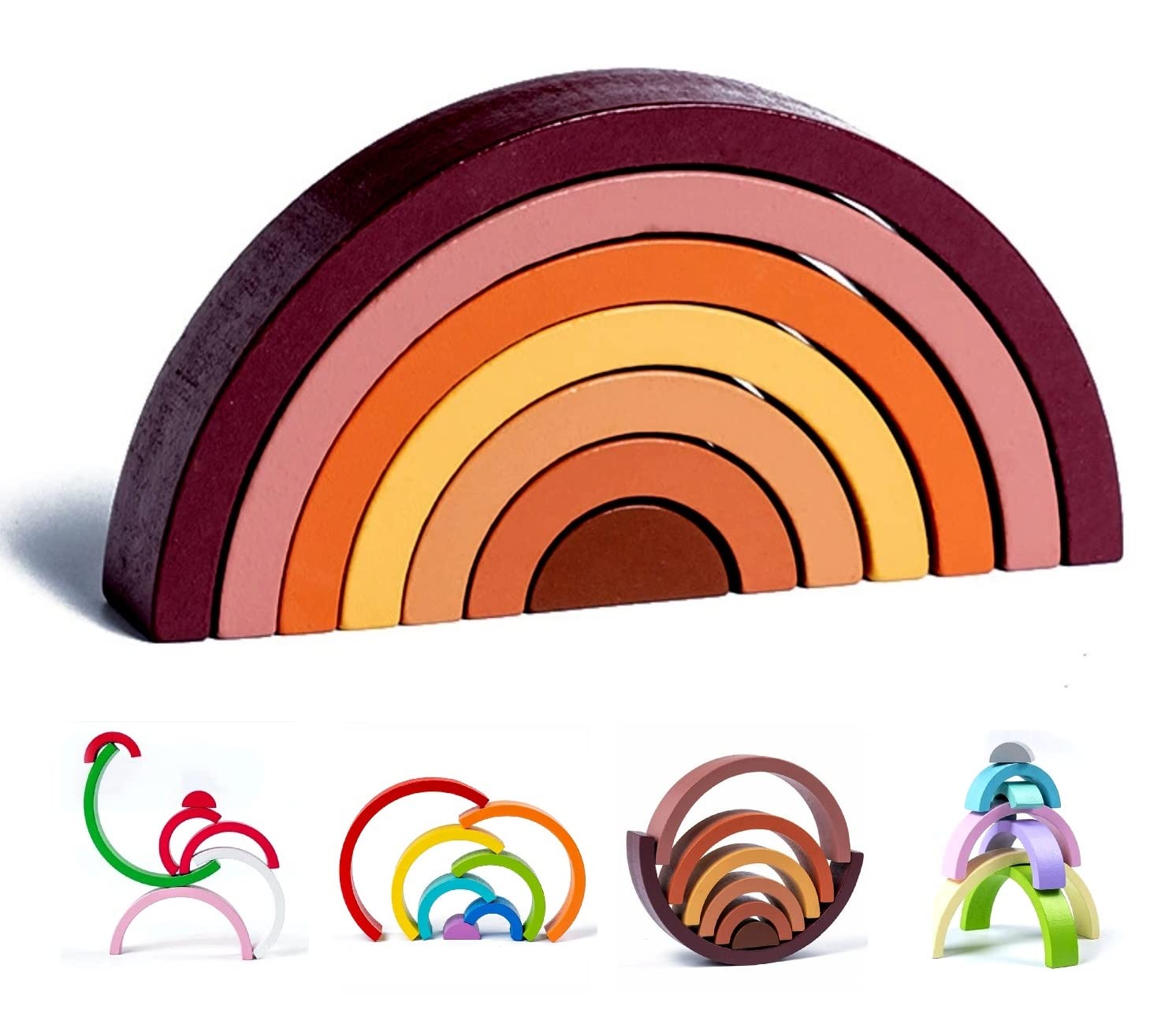 ESLETO Wooden Rainbow Stacker Nesting Puzzle Toy, Creative Color Stacking Nesting Puzzle Blocks, Educational Montessori Toy Set for Kids Boy Toddlers (Mocha)