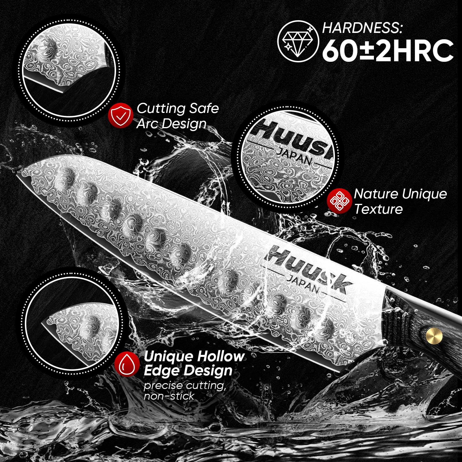 Huusk Damascus Chef Knife Set 3 PCS,VG10 Santoku Knife set,Damascus Kitchen Utility Knife set with Wooden Handle, Versatile Knife for Vegetable Fruit Meat, Birthday Dad Mom Gift